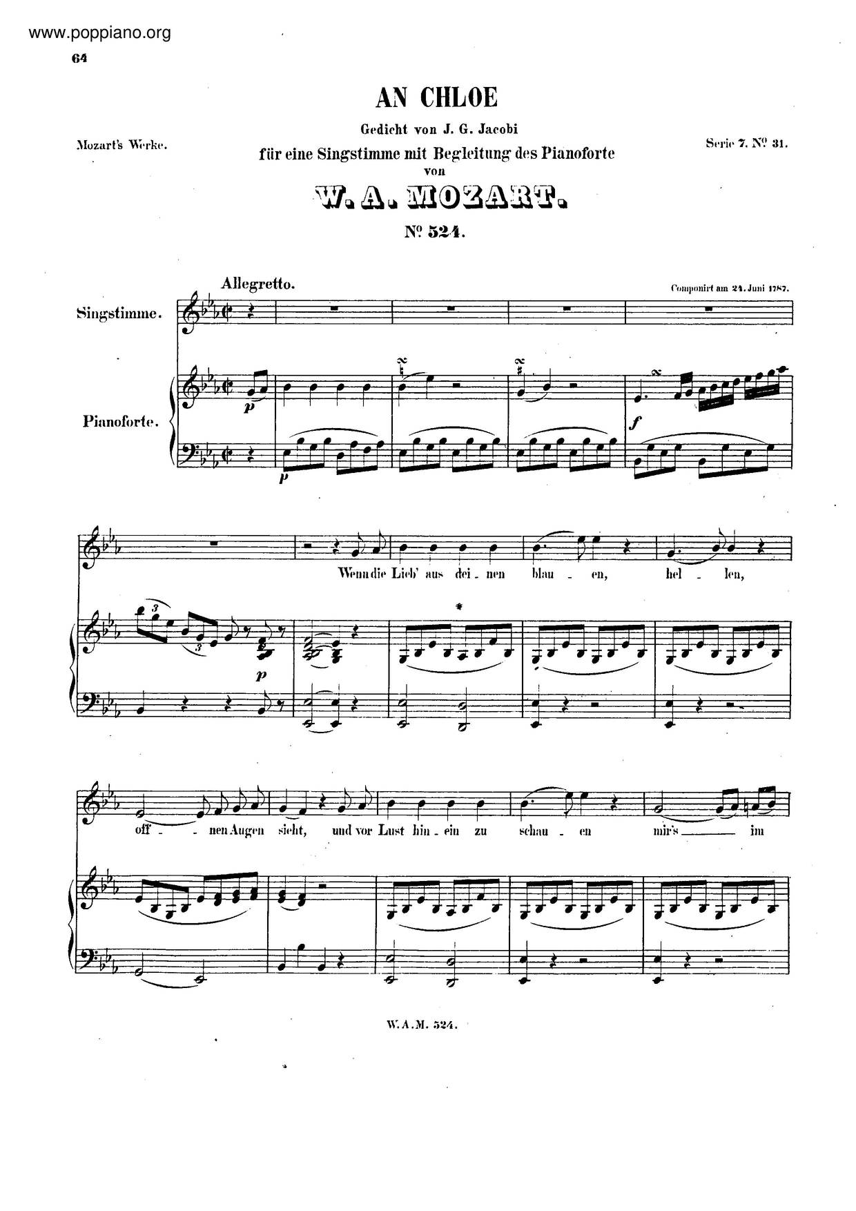 Wolfgang Amadeus Mozart-An Chloe, K. 524 琴谱/五线谱pdf-香港流行钢琴协会琴谱下载 ★
