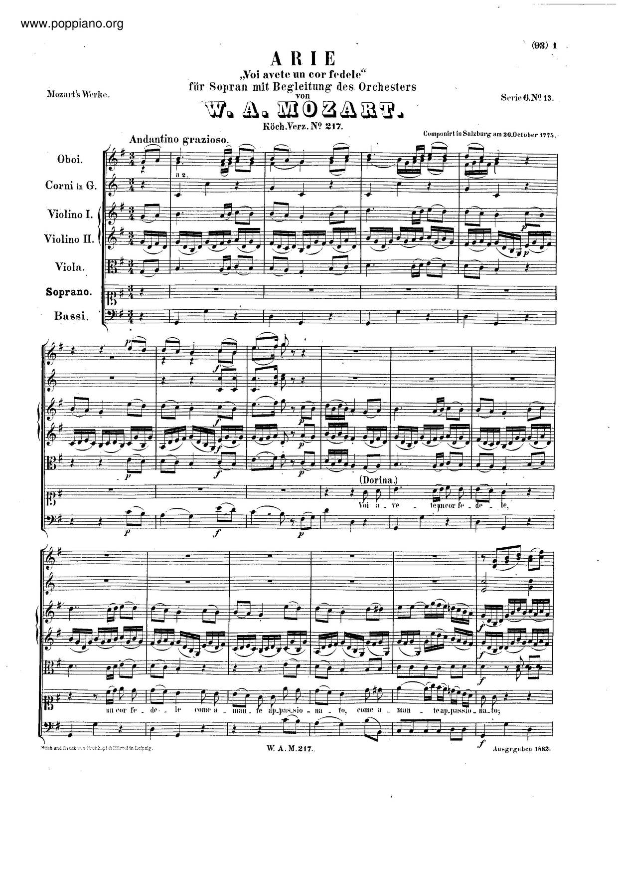 Mozart-Voi Avete Un Cor Fedele, K. 217 Sheet Music pdf, - Free Score ...