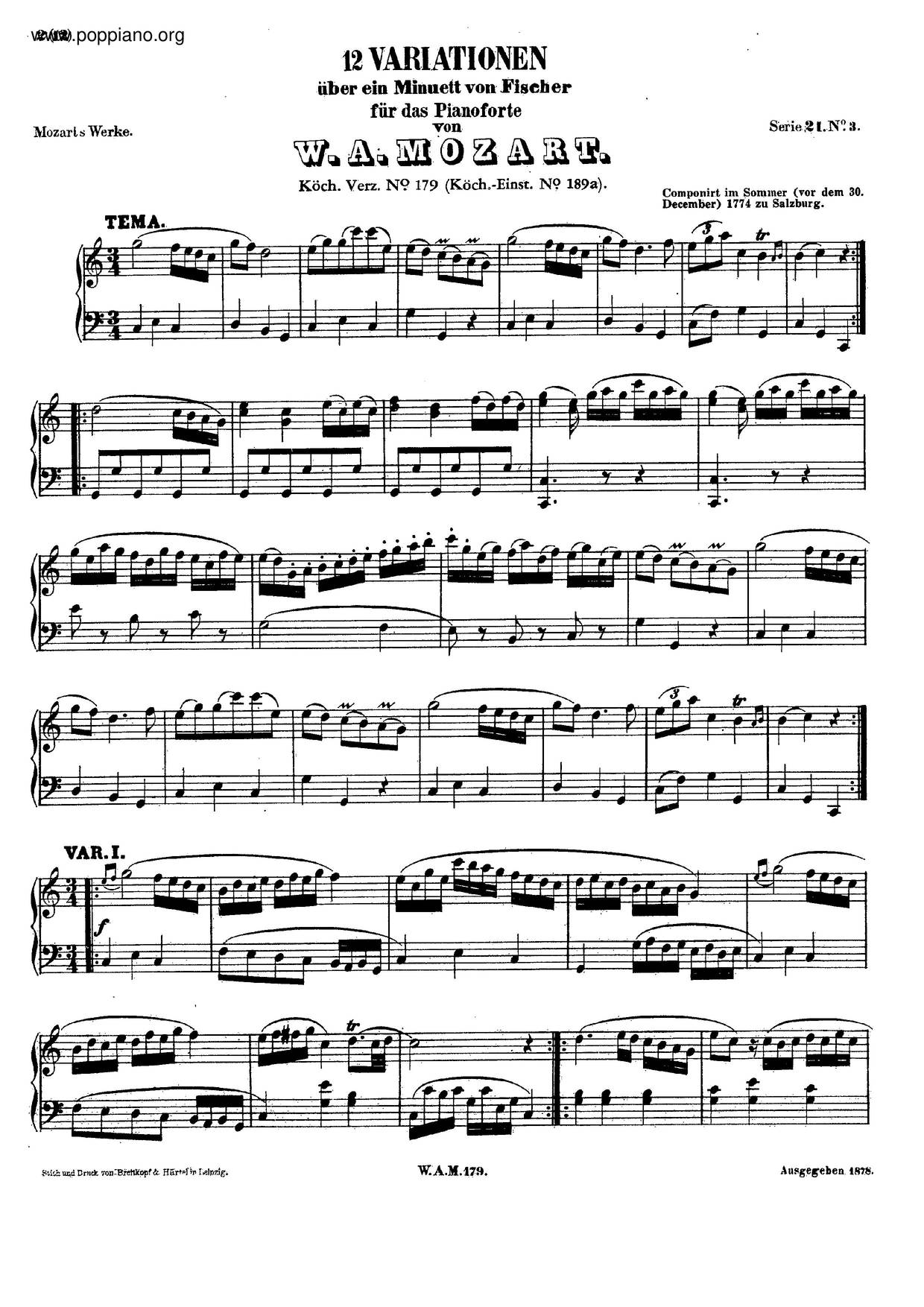 Mozart-12 Variations On A Minuet By Fischer, K. 179/189A Sheet Music ...