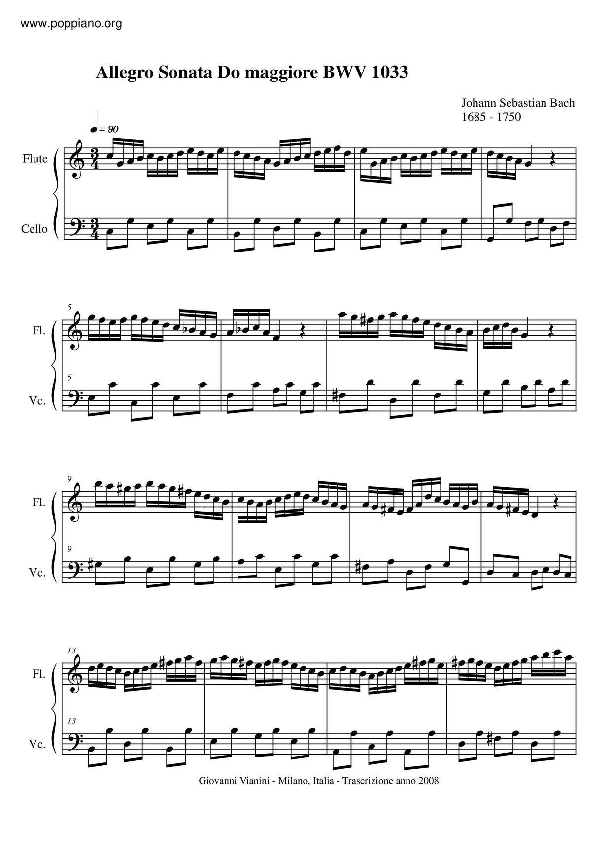 Bach-Flute Sonata In C Major, BWV 1033 Sheet Music pdf, - Free Score ...
