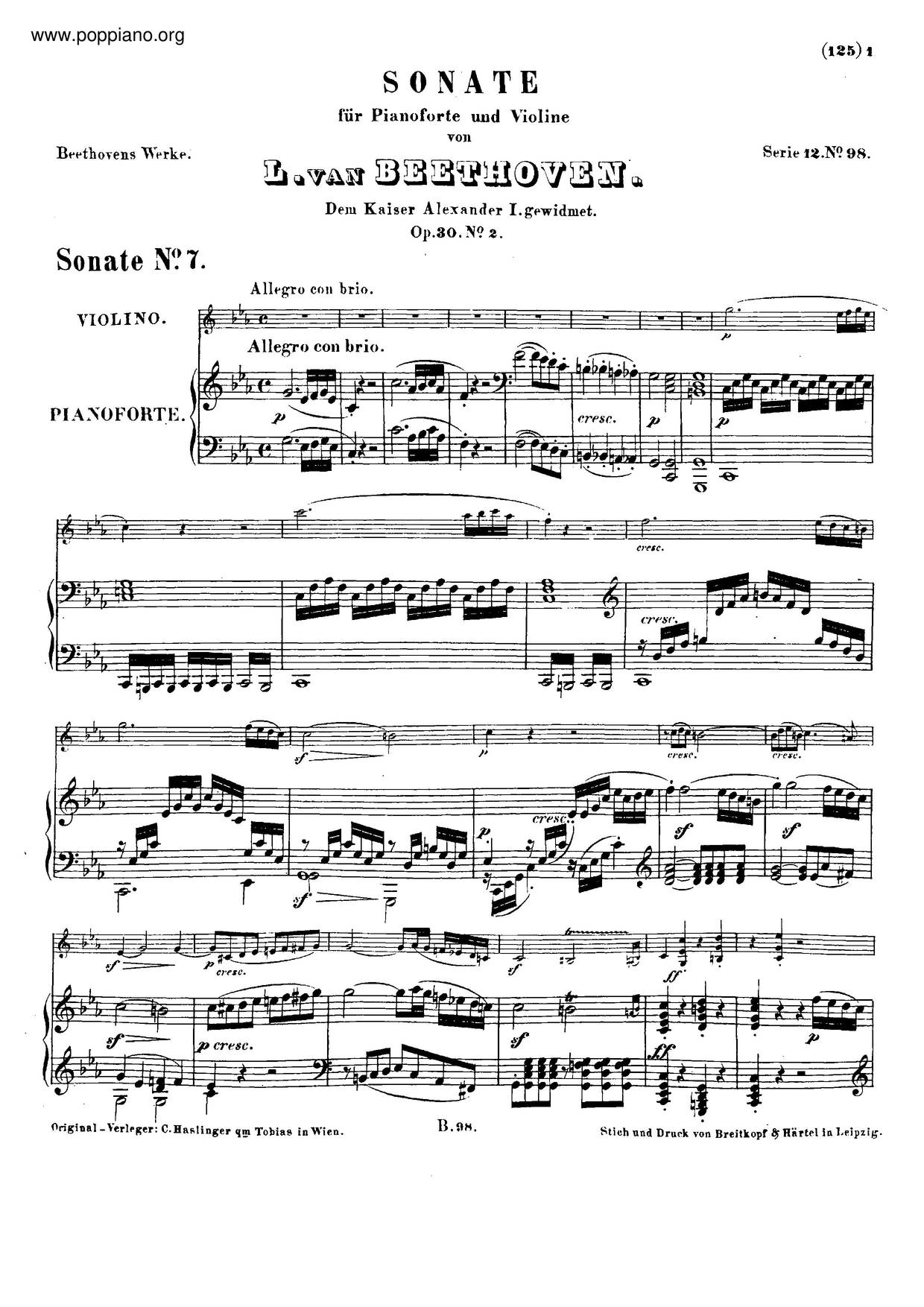 Ludwig Van Beethoven-Violin Sonata No. 7 In C Minor, Op. 30 No. 2 琴譜/五線譜pdf (ベートーベン)-香港流行鋼琴協會琴譜下載 ★