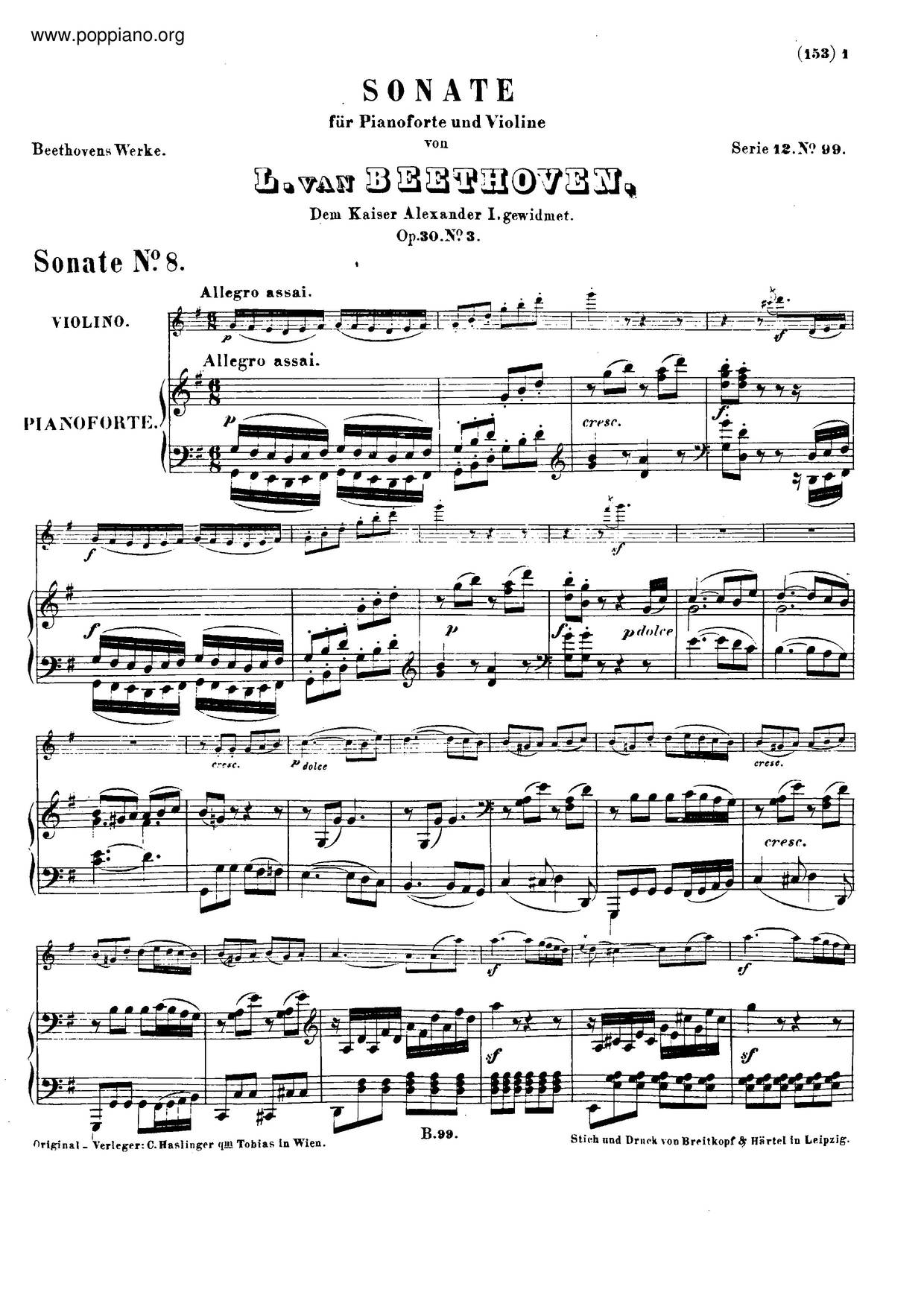 Ludwig Van Beethoven-Violin Sonata No. 8 In G Major, Op. 30 No. 3 Sheet Music pdf, (ベートーベン ...