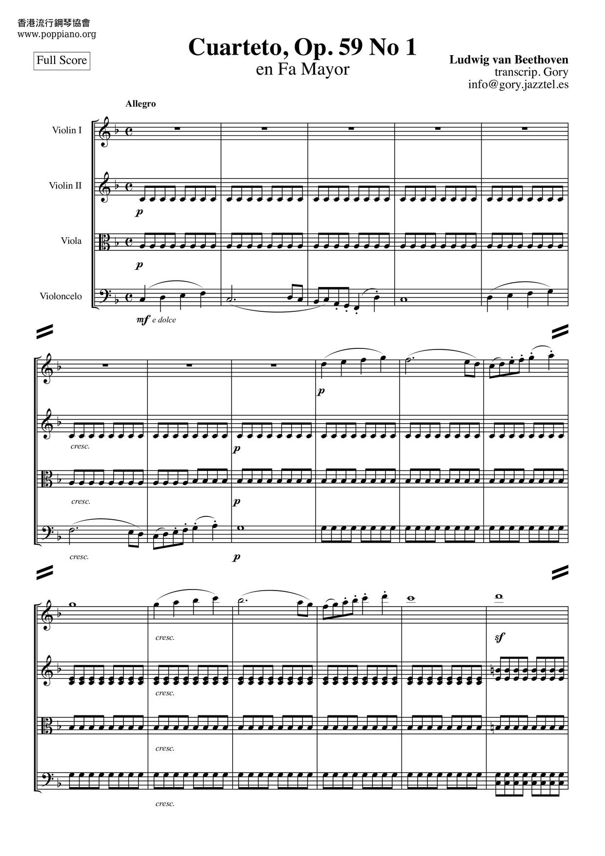 Beethoven-String Quartet No. 7 In F Major, Op. 59 No. 1 Sheet Music pdf, (ベートーベン) - Free Score ...