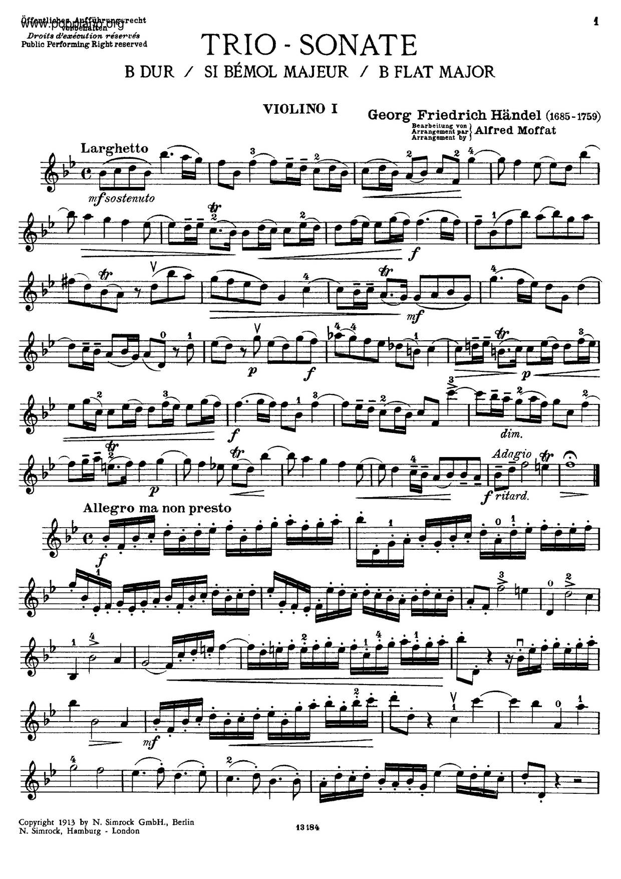 Georg Friedrich Handel Trio Sonata In B Flat Major Hwv 402 琴譜 五線譜pdf