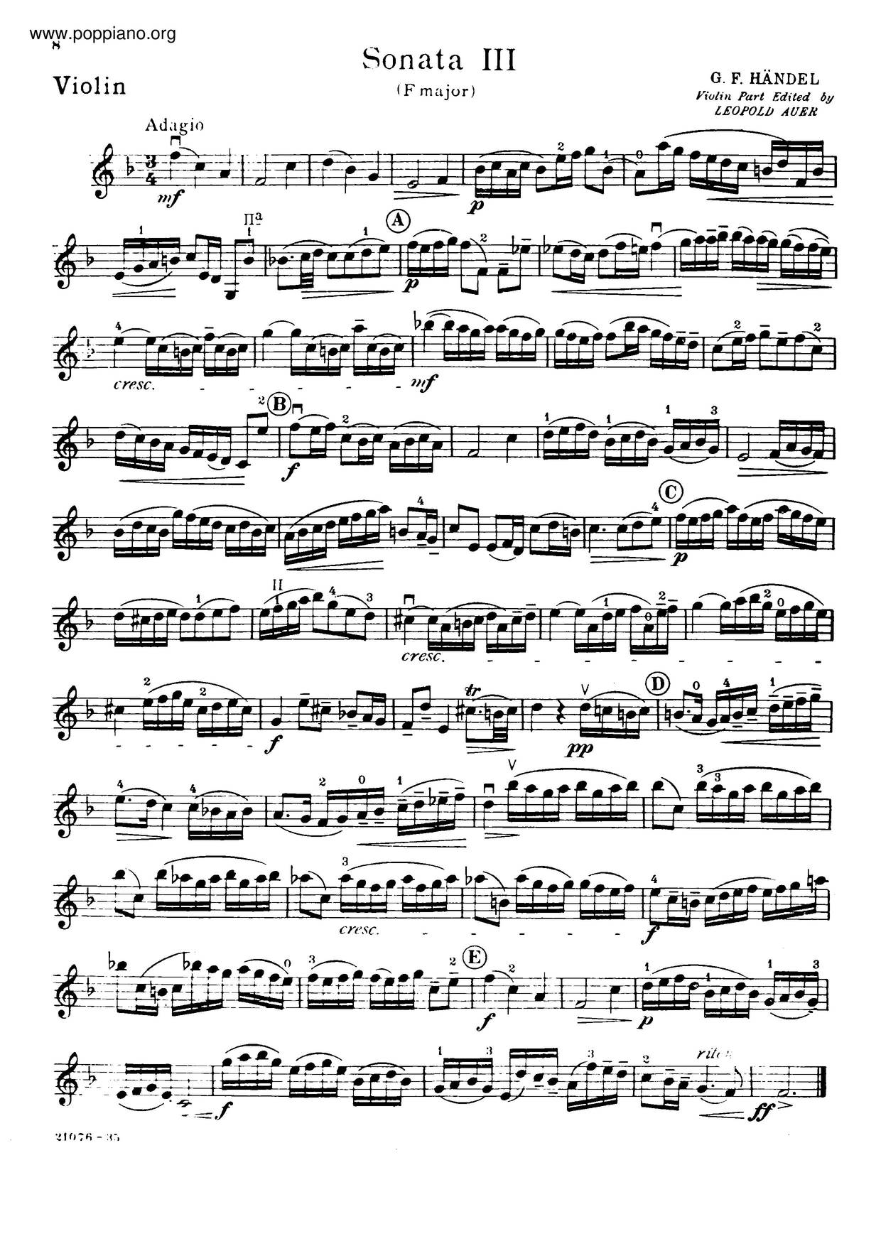 Georg Friedrich Handel-Violin Sonata In F Major, HWV 370 Sheet Music ...