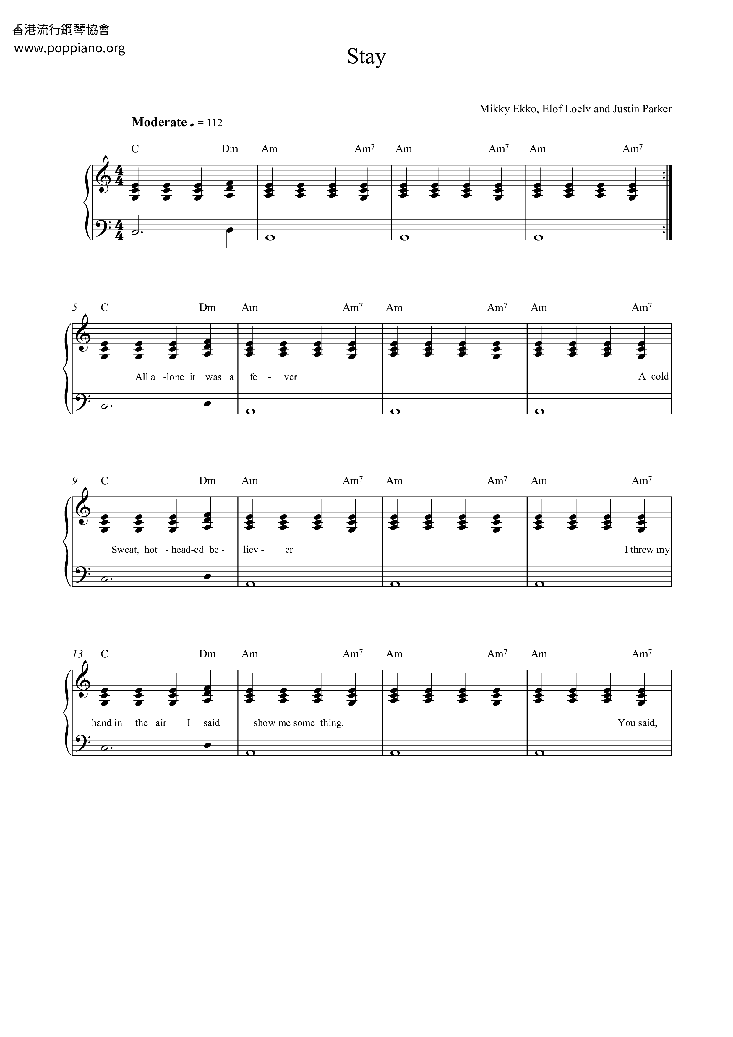 Stay | Sheet Music | Piano Score Free PDF Download | HK Pop Piano Academy