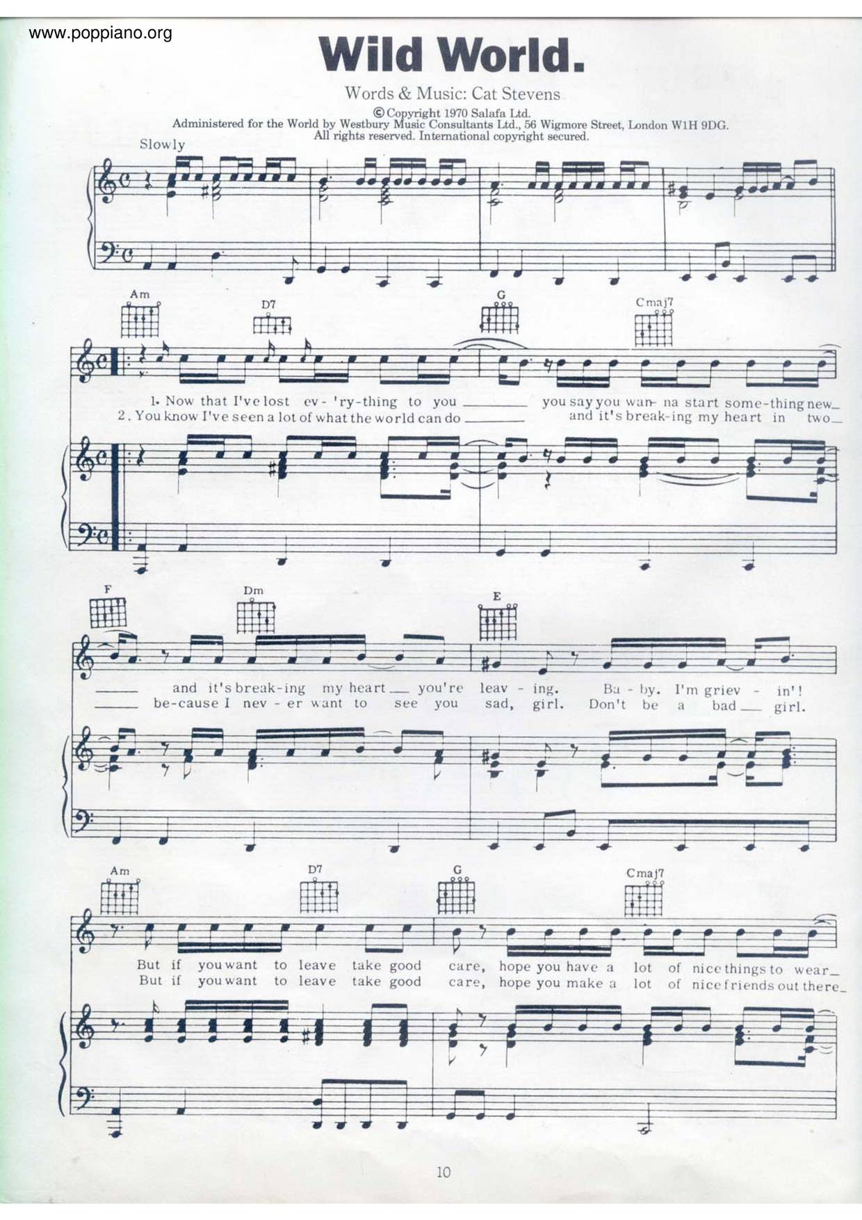 Cat Stevens-Wild World 琴譜pdf-香港流行鋼琴協會琴譜下載 ★