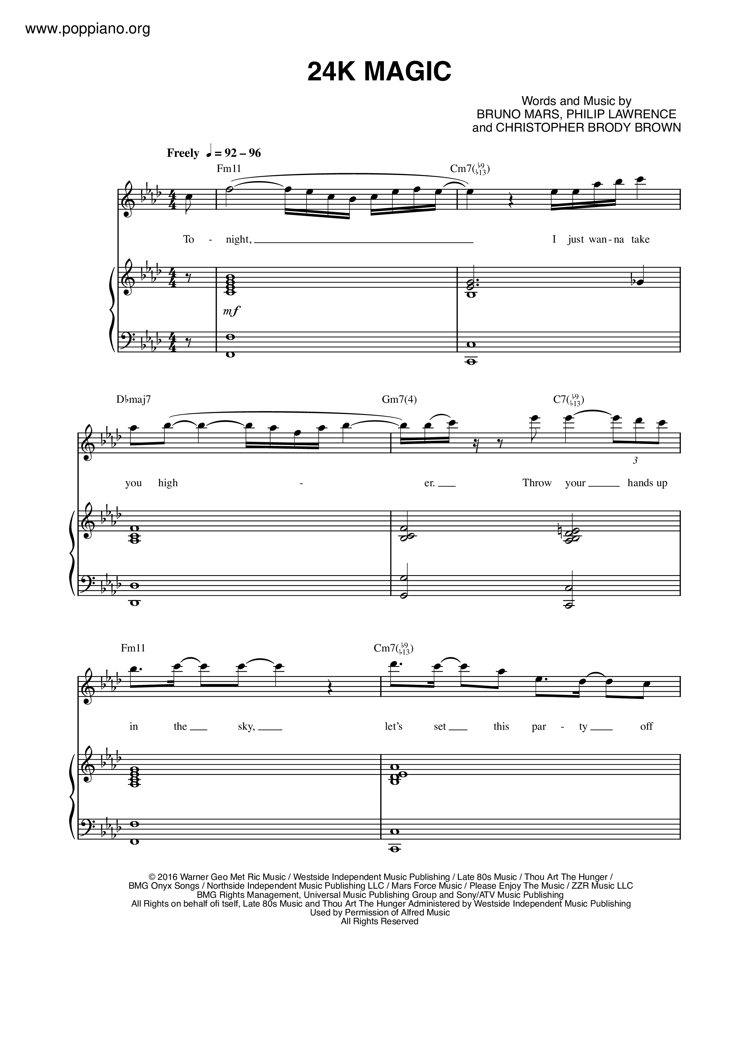 Bruno Mars-24K Magic 琴譜/五線譜pdf-香港流行鋼琴協會琴譜下載 ★