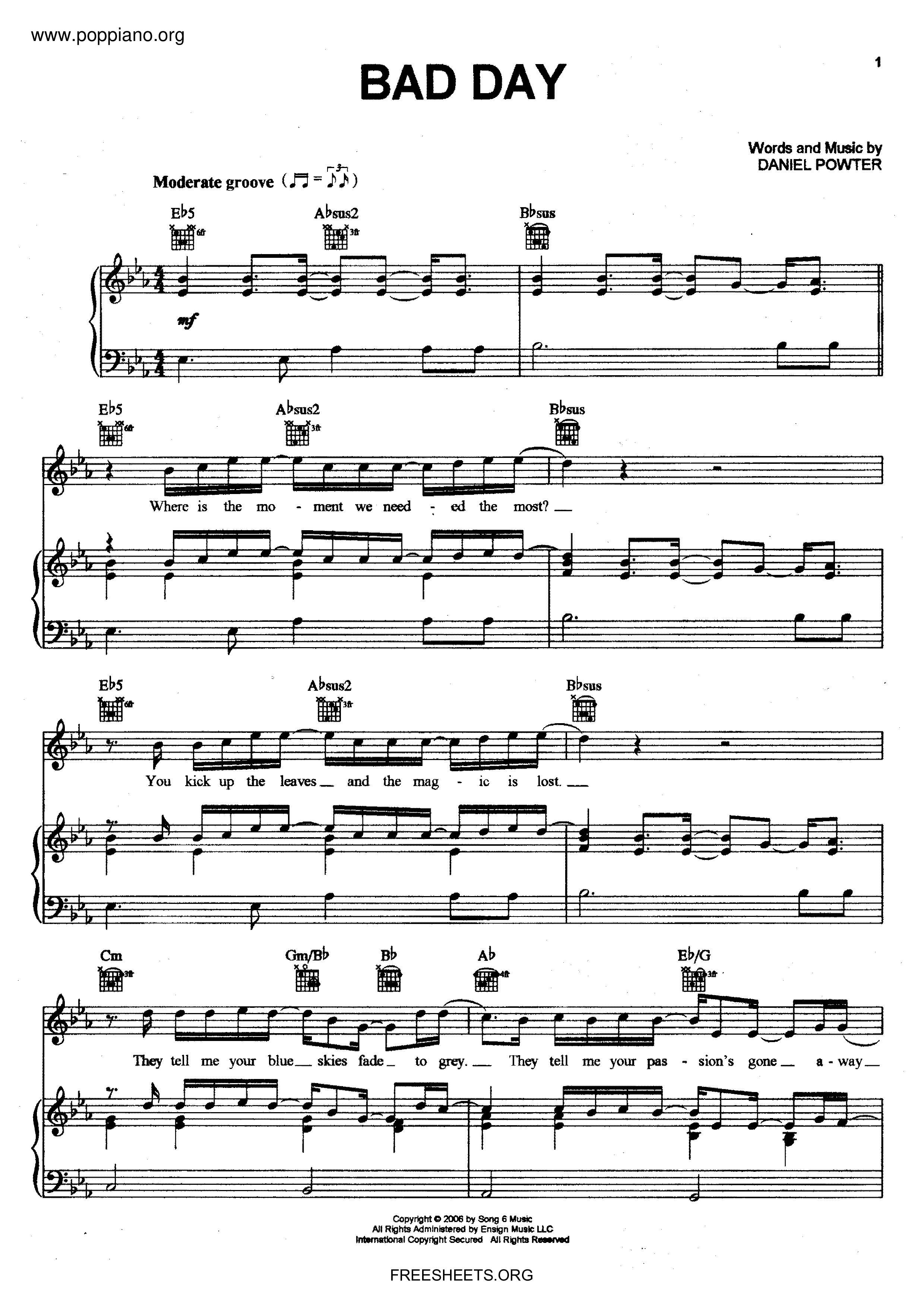Daniel Powter-Bad Day Sheet Music pdf, - Free Score Download ★
