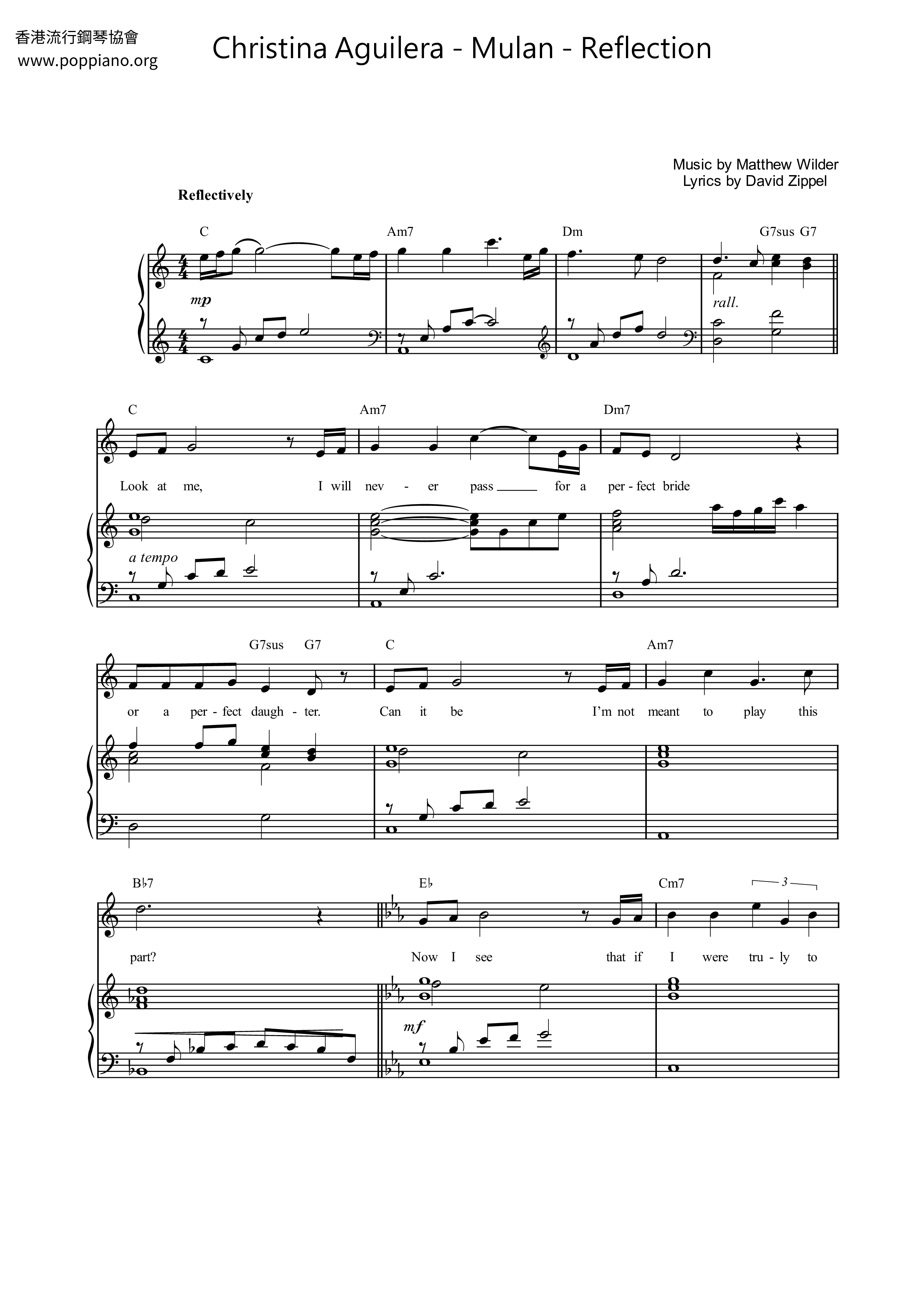 Mulan - ReflectionAll Versions - Sheet Music / Piano Score Free PDF ...