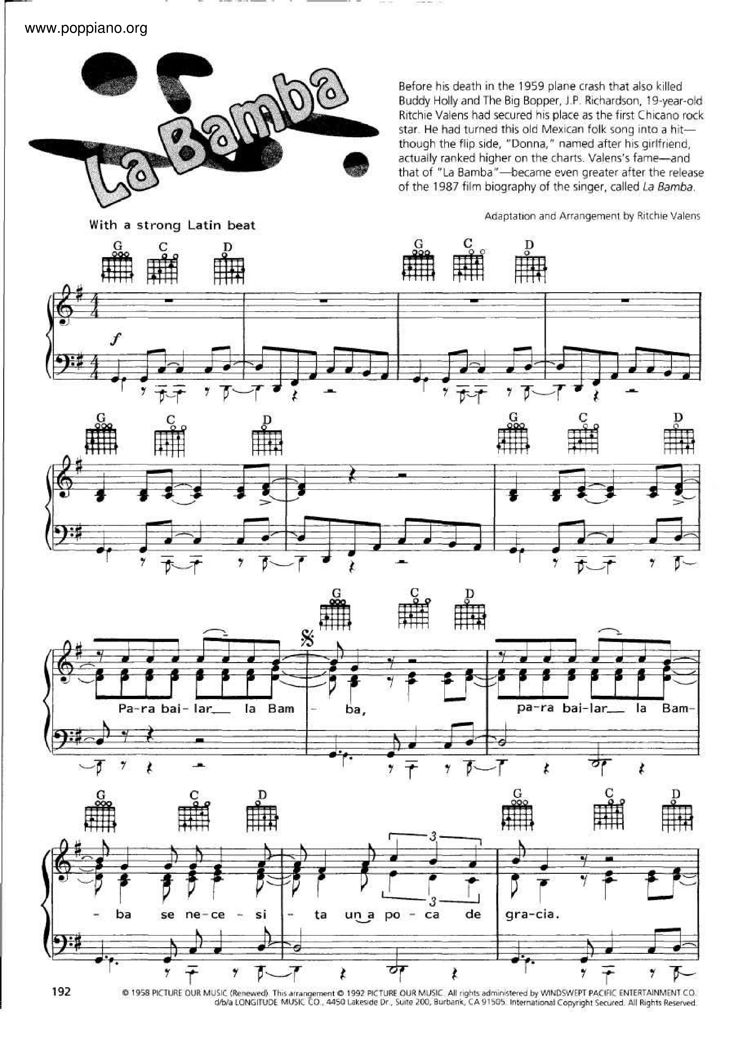 Ritchie Valens-La Bamba Sheet Music pdf, - Free Score Download ★
