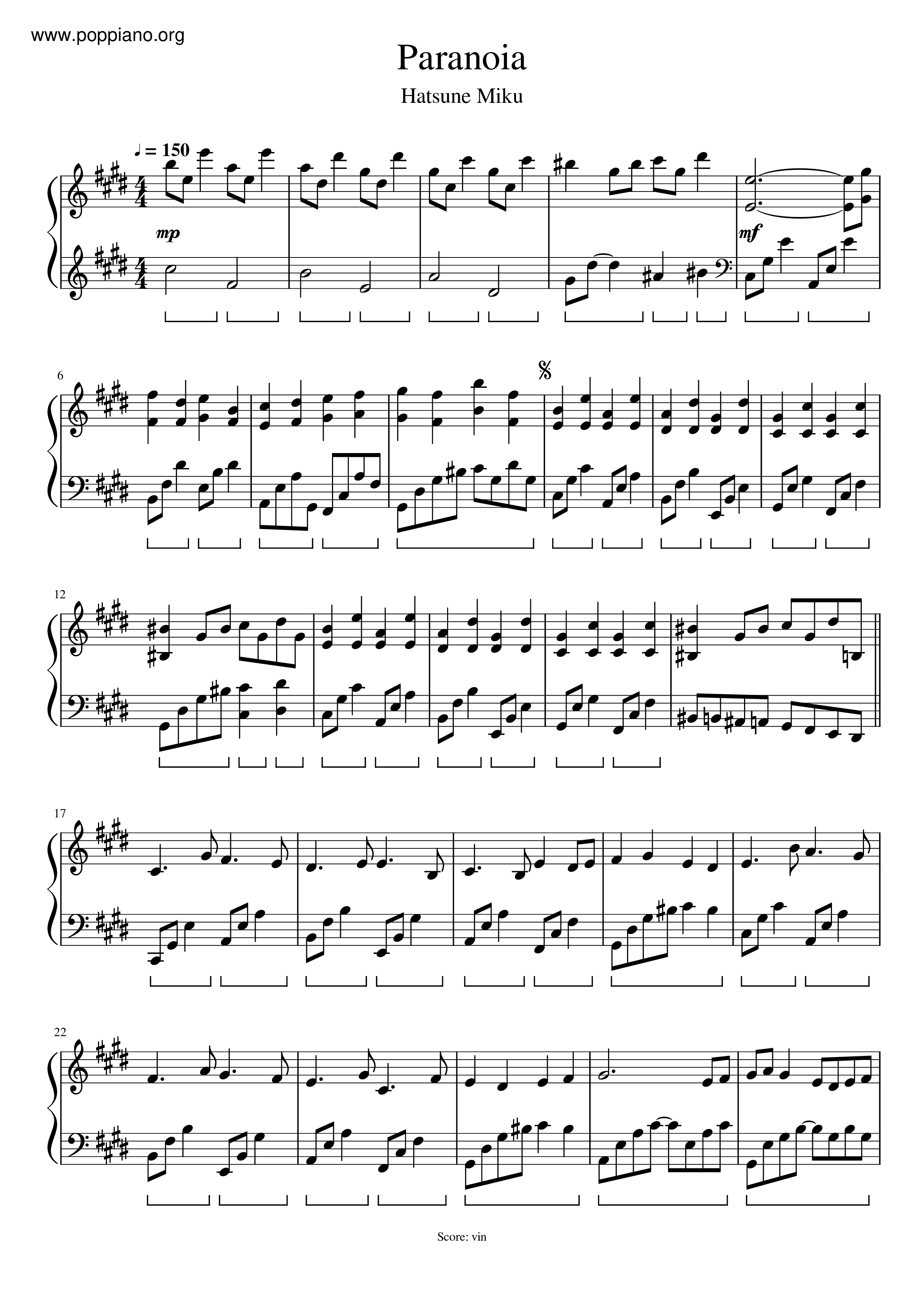 ★ 初音未來-Paranoia 琴譜pdf (初音ミク)-香港流行鋼琴協會琴譜下載 ★