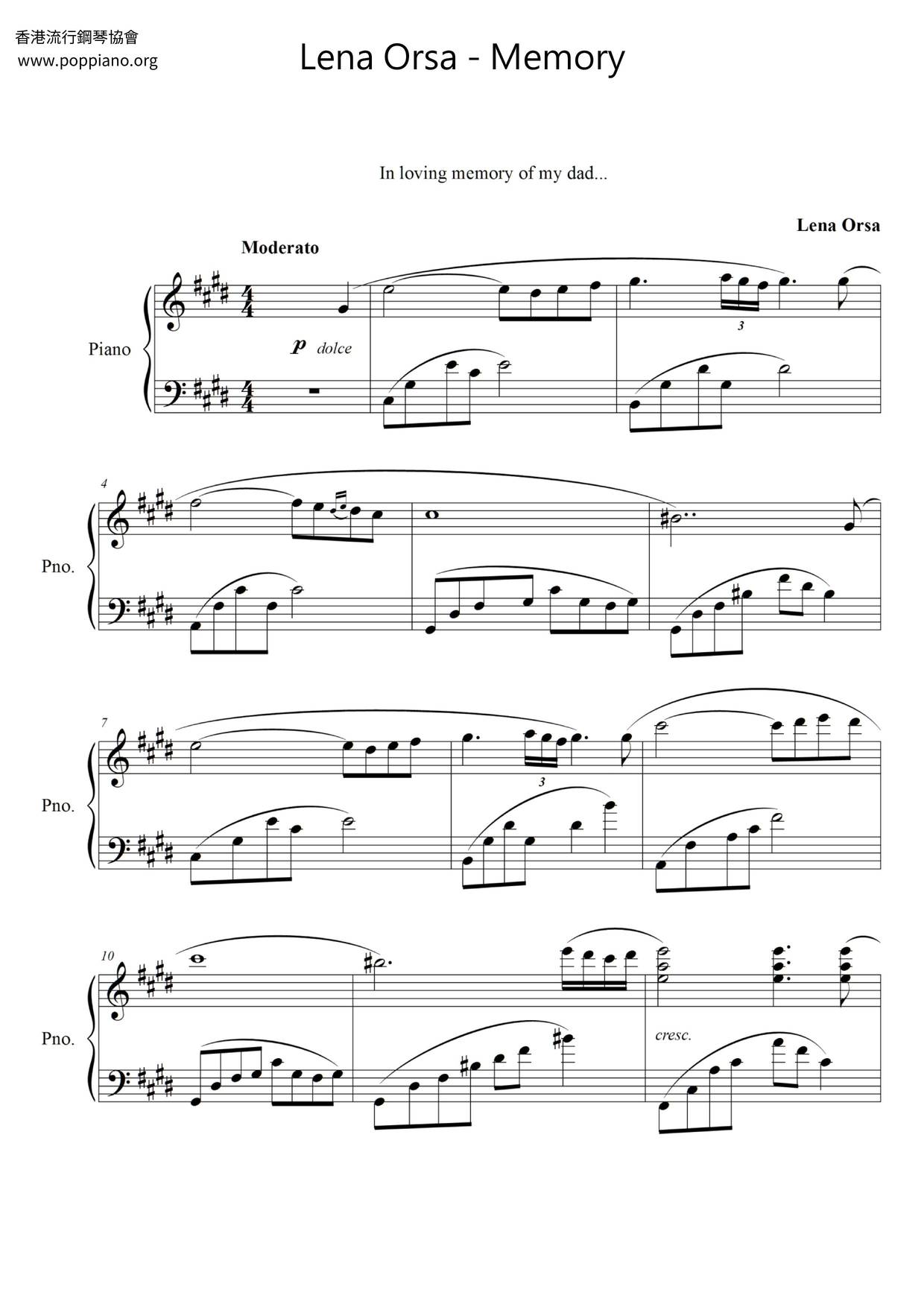Lena Orsa-Memory Sheet Music pdf, - Free Score Download ★