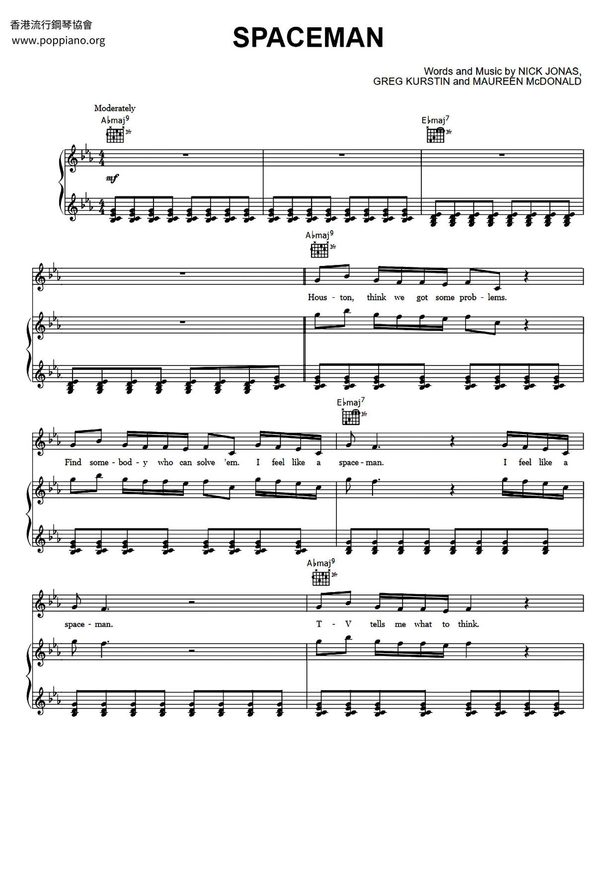 Nick Jonas-Spaceman Sheet Music pdf, - Free Score Download ★