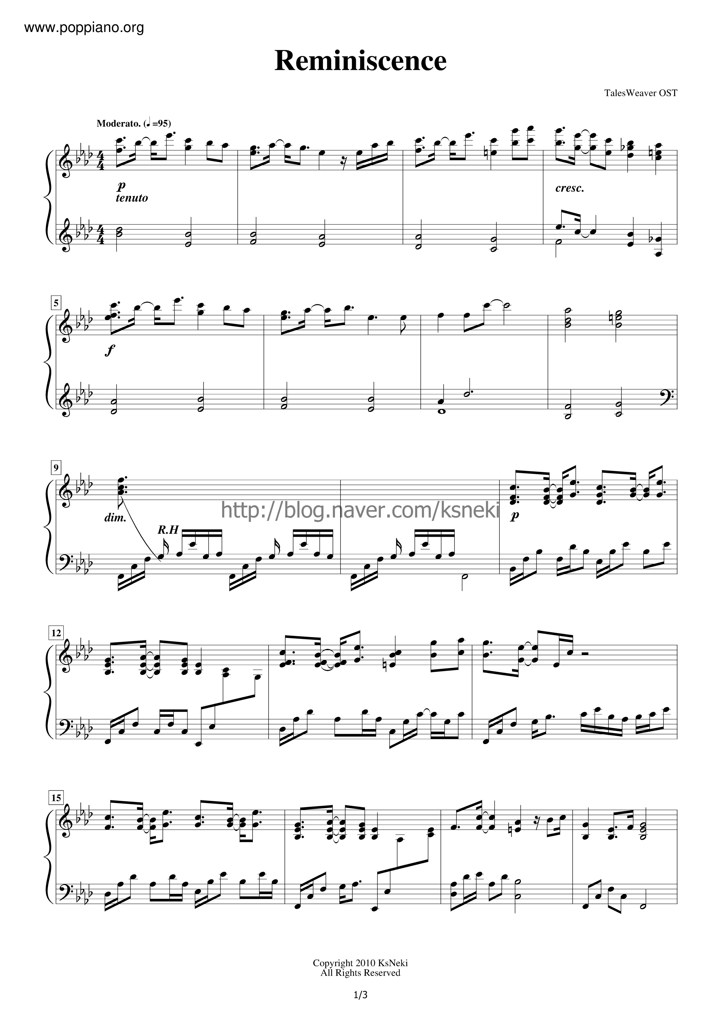Reminiscence | Sheet Music | Piano Score Free PDF Download | HK Pop ...