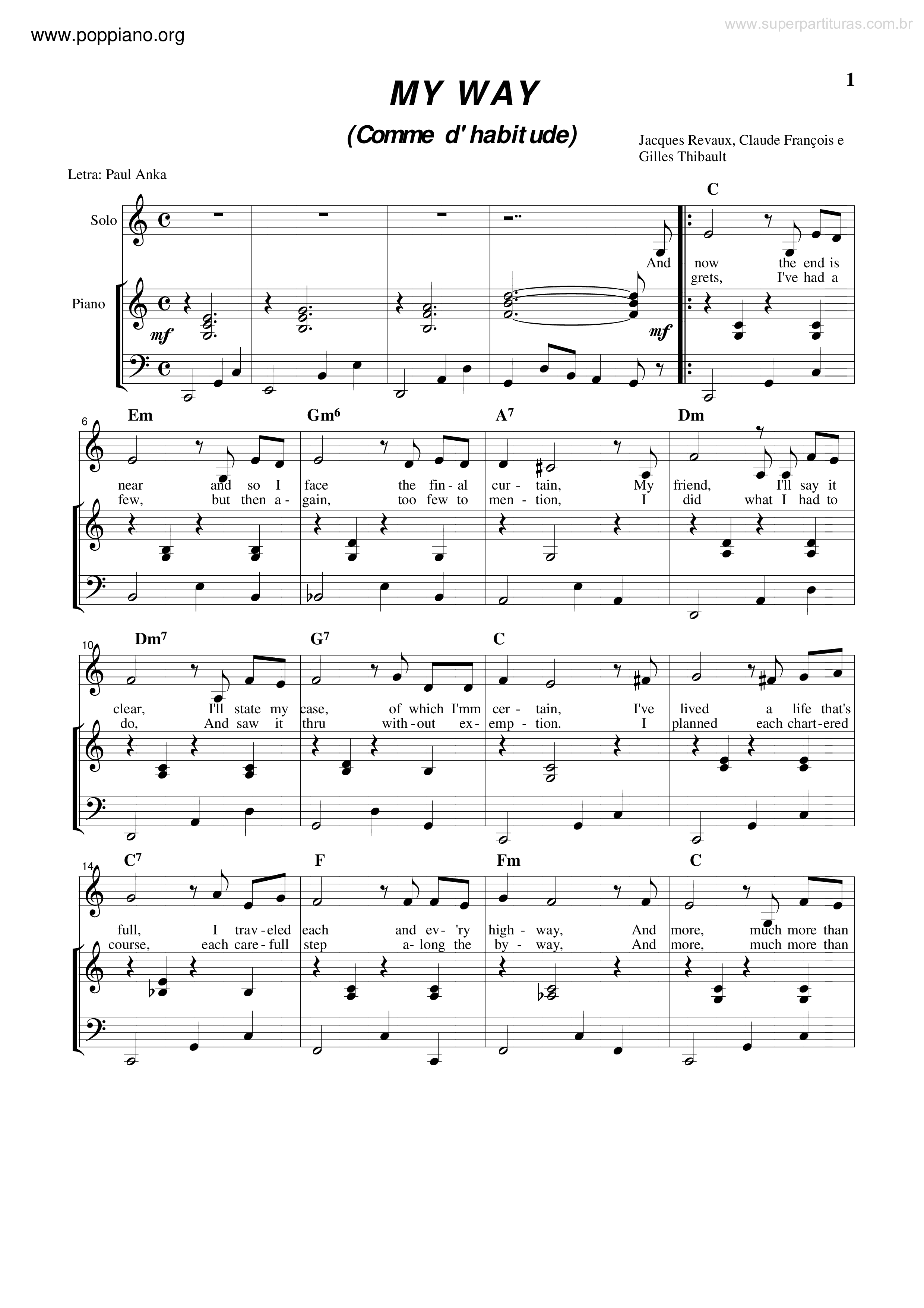 My WayAll Versions - Sheet Music / Piano Score Free PDF Download - HK ...