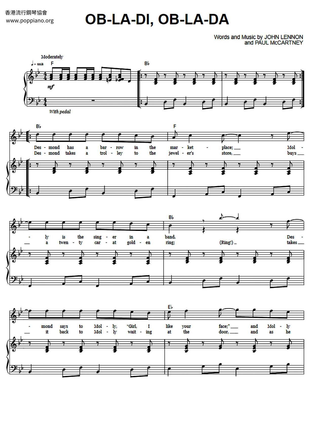 The Beatles-Ob-La-Di Ob-La-Da 琴譜pdf-香港流行鋼琴協會琴譜下載 ★