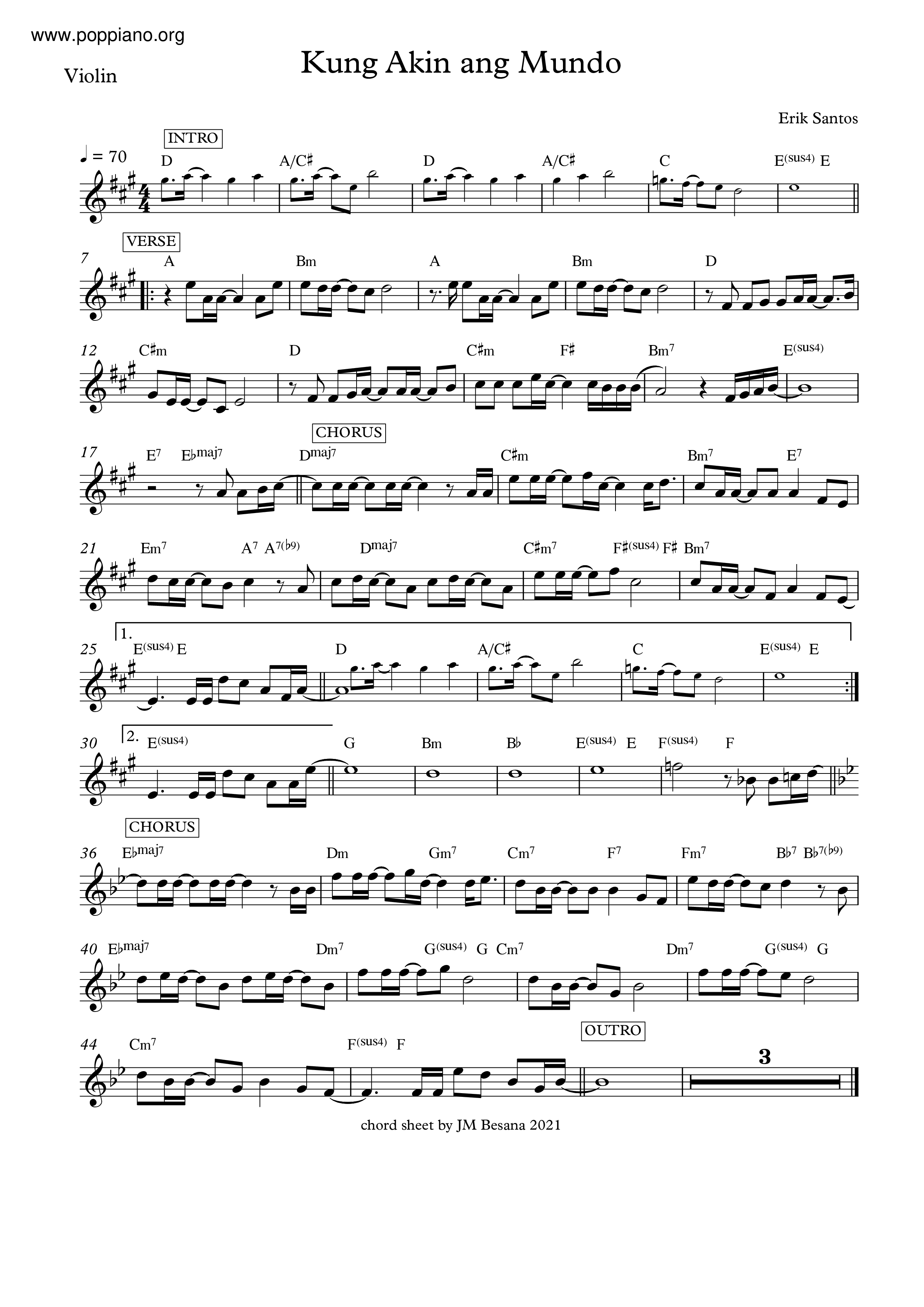 Erik Santos-Kung Akin Ang Mundo 小提琴譜pdf-香港流行鋼琴協會琴譜下載 ★