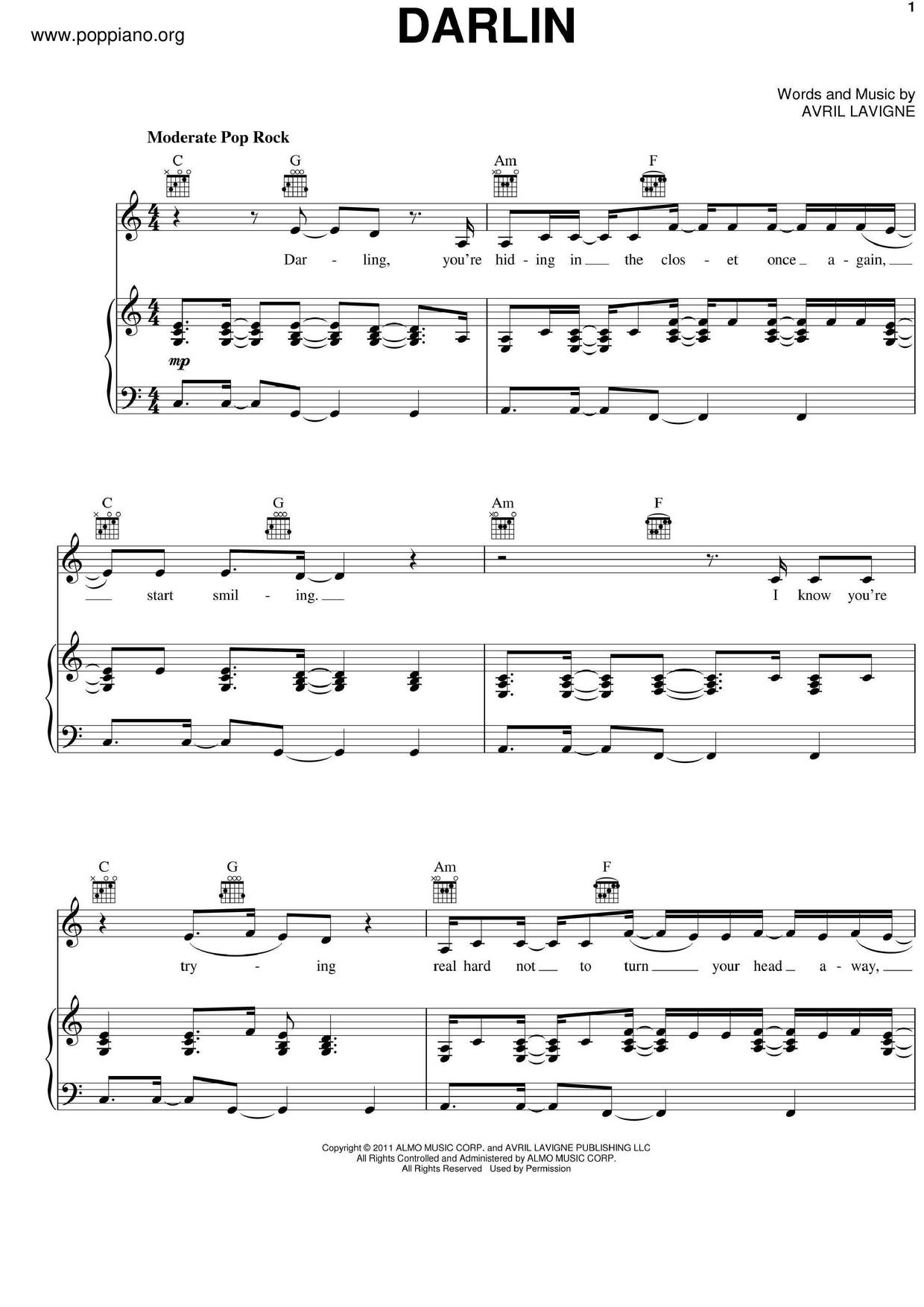 Avril Lavigne-Darlin Sheet Music pdf, - Free Score Download ★