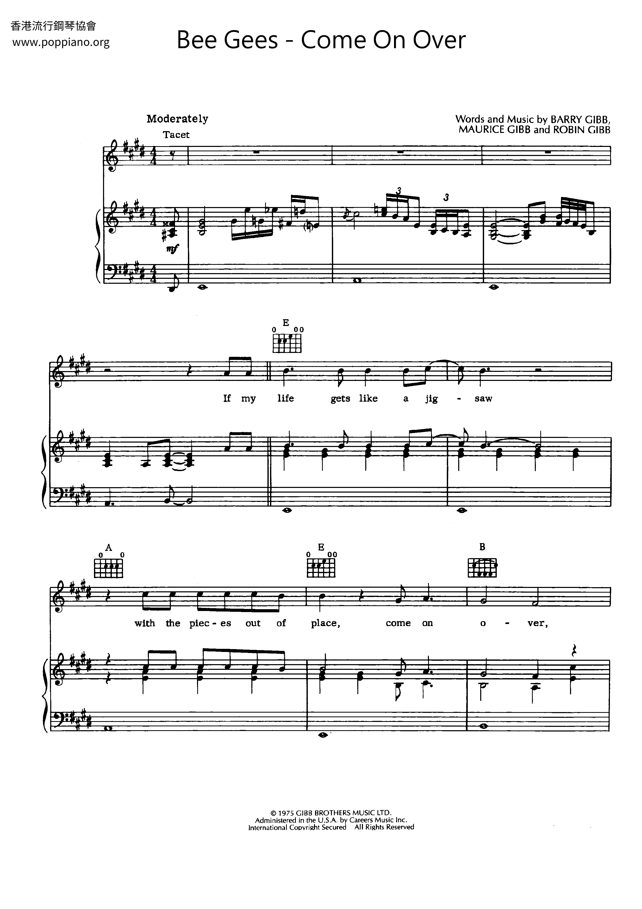 Bee Gees-Come On Over Sheet Music pdf, - Free Score Download ★