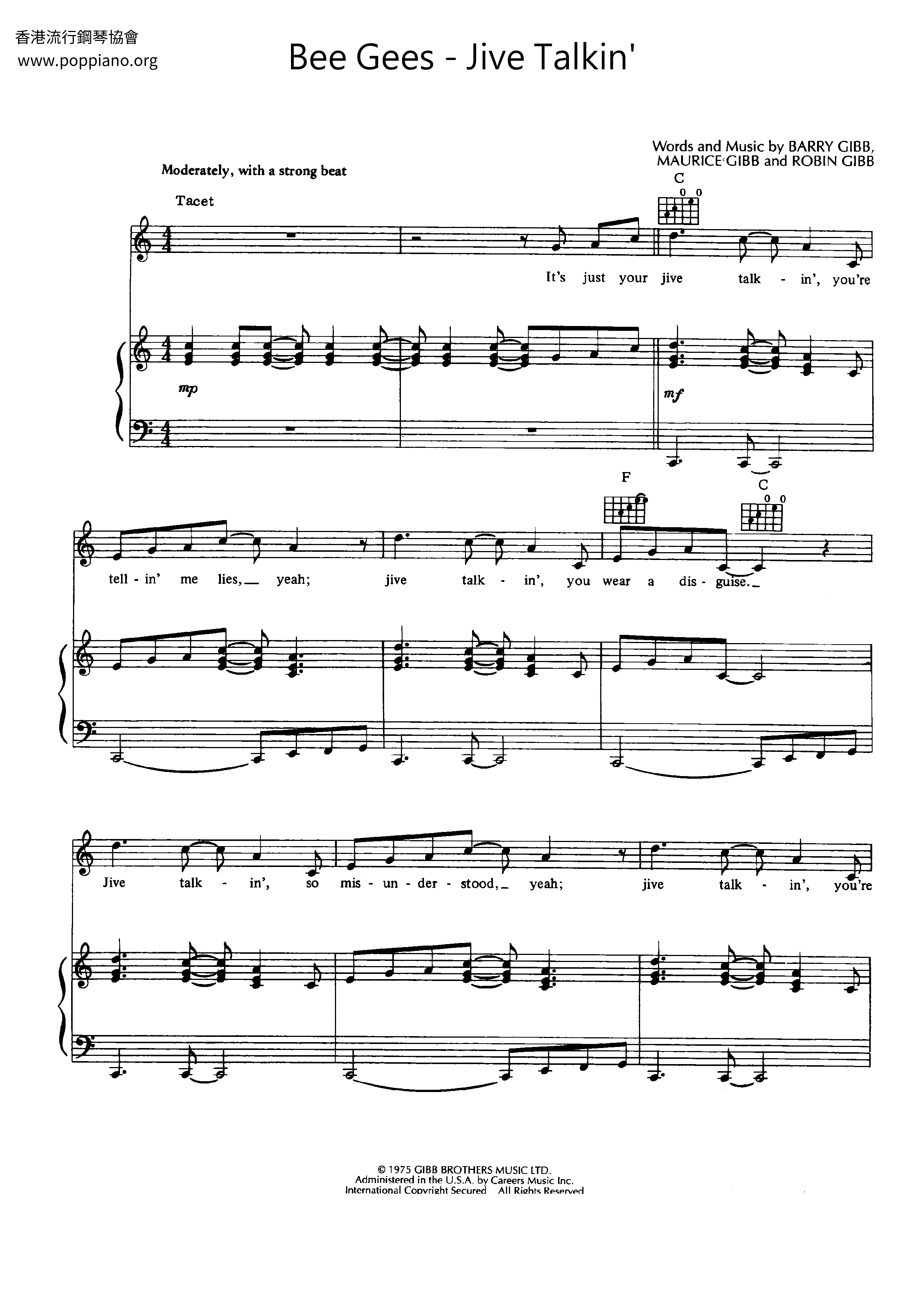 Bee Gees-Jive Talkin' Sheet Music pdf, - Free Score Download ★