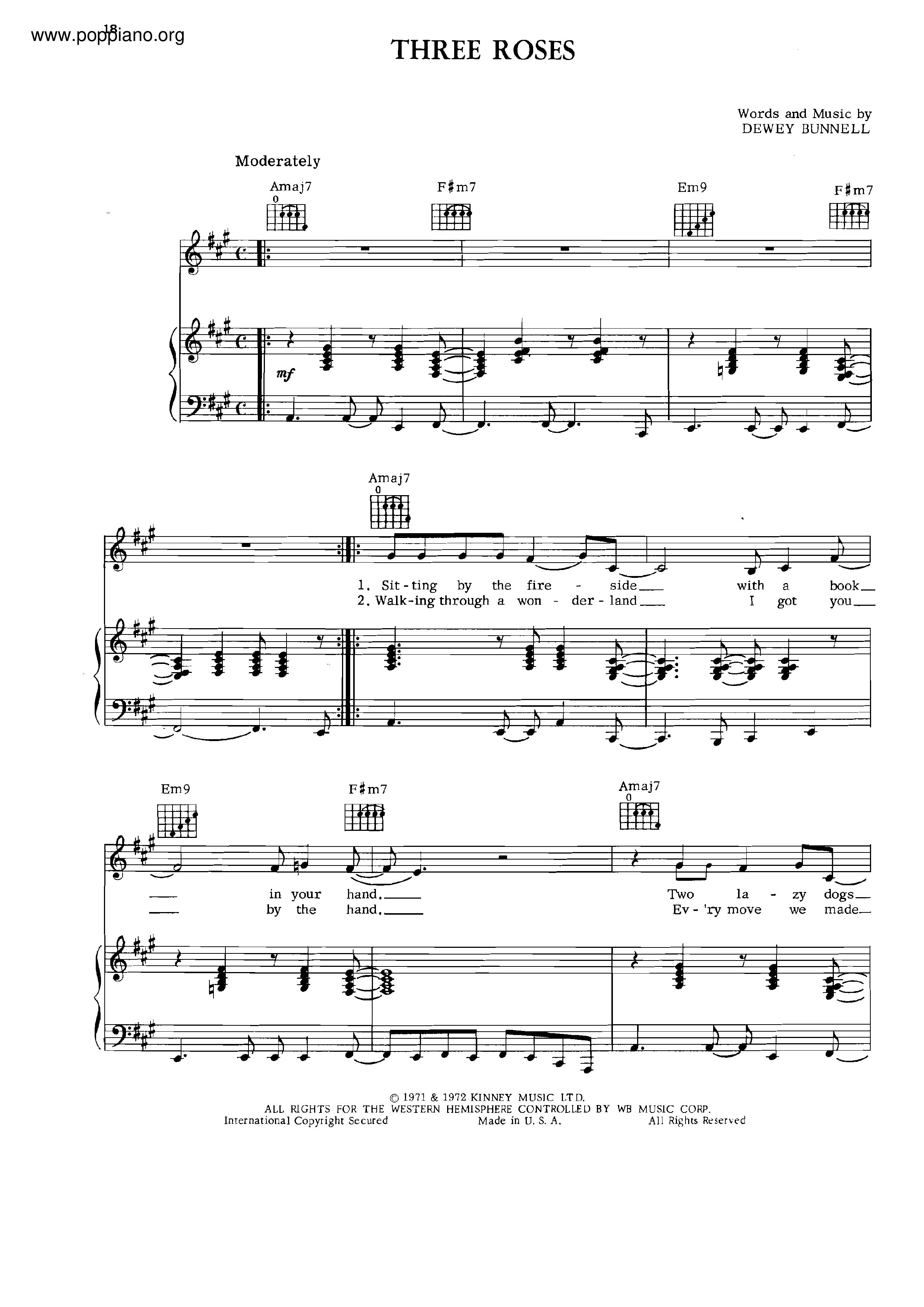 ★America - Three Roses ピアノ譜pdf- 香港ポップピアノ協会 無料PDF楽譜ダウンロード gakufu