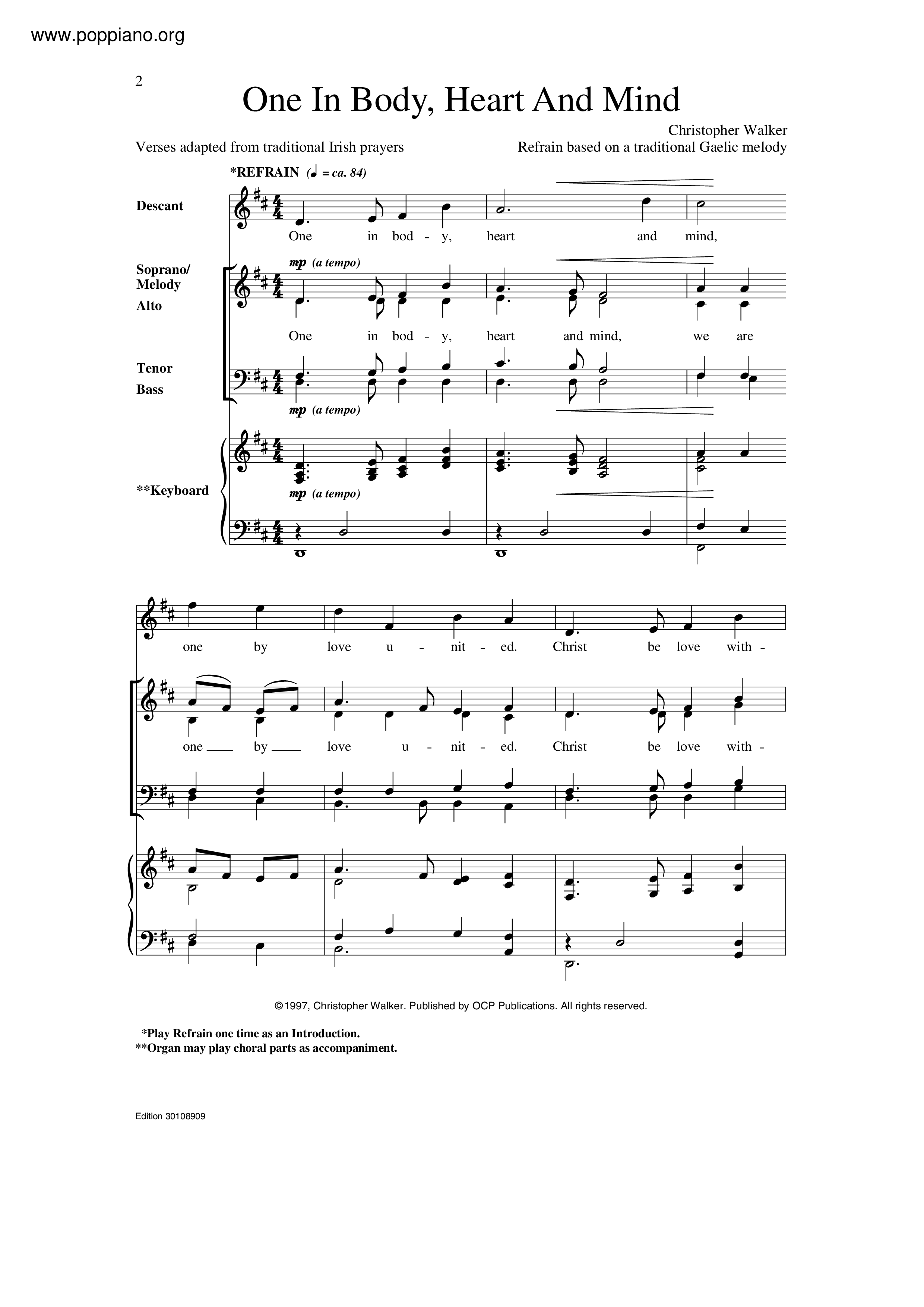 Hymn-One In Body, Heart And Mind Sheet Music pdf, - Free Score Download ★