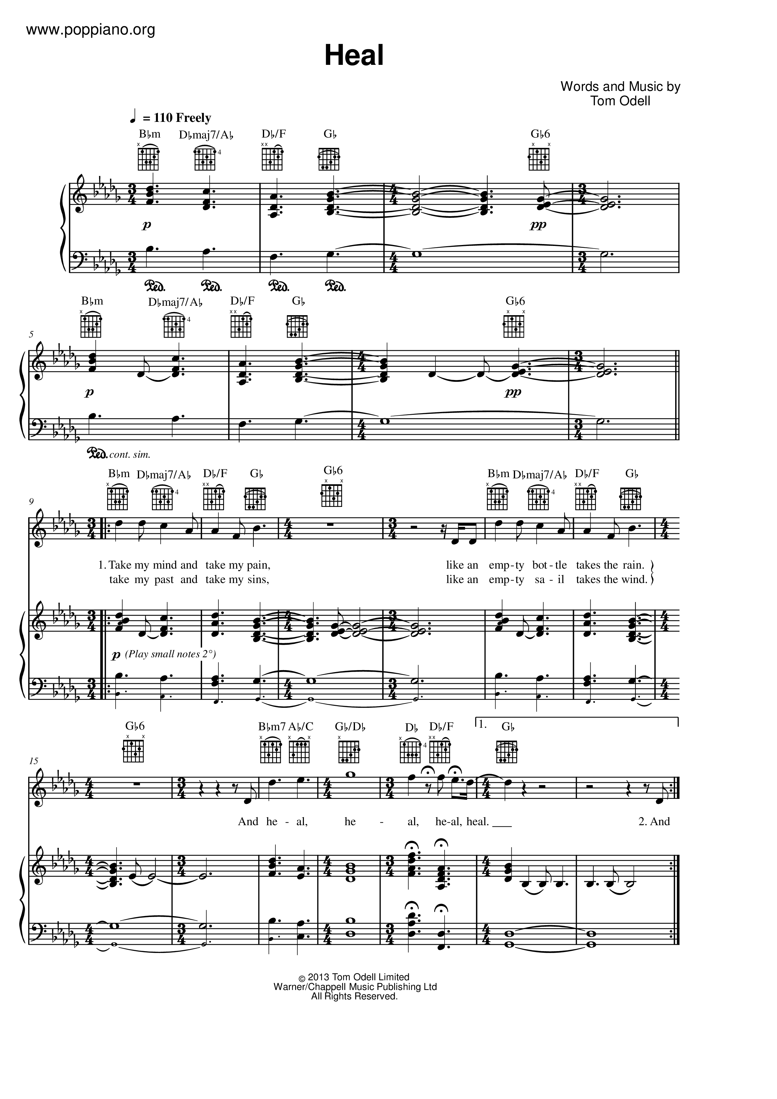 Tom Odell-Heal Sheet Music pdf, - Free Score Download ★