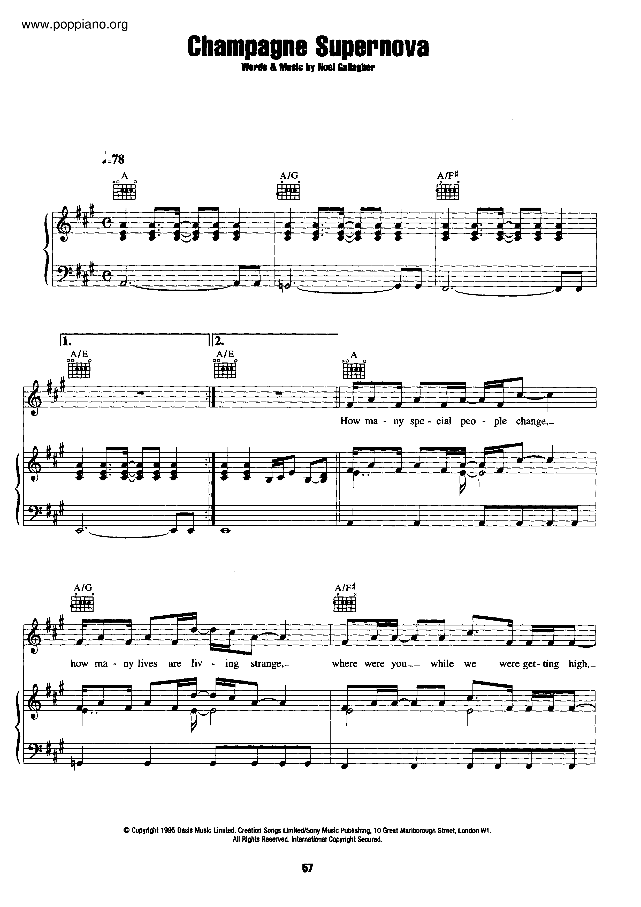 Oasis-Champagne Supernova 琴譜pdf-香港流行鋼琴協會琴譜下載 ★