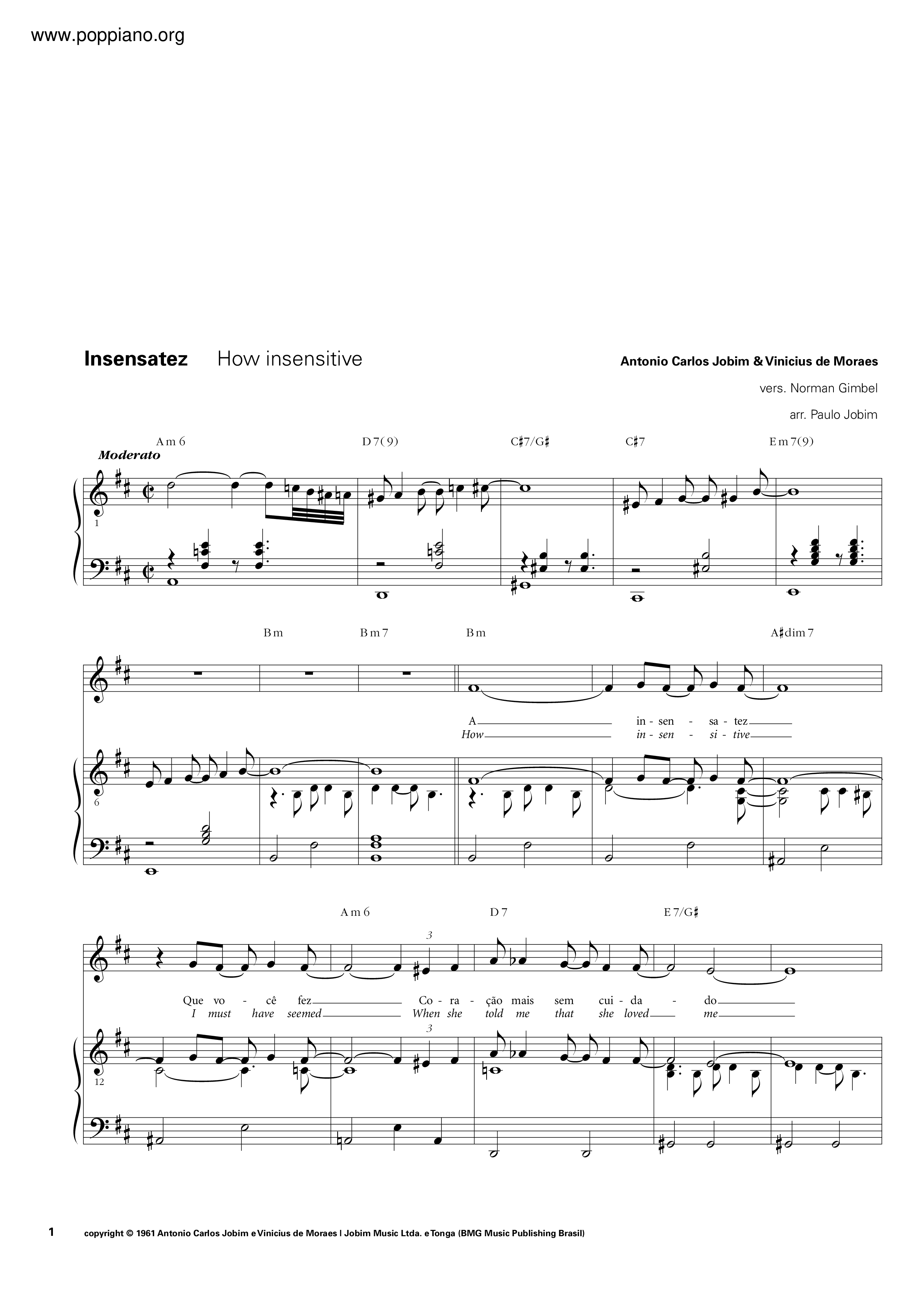 Antonio Carlos Jobim-How Insensitive Sheet Music pdf, - Free Score ...