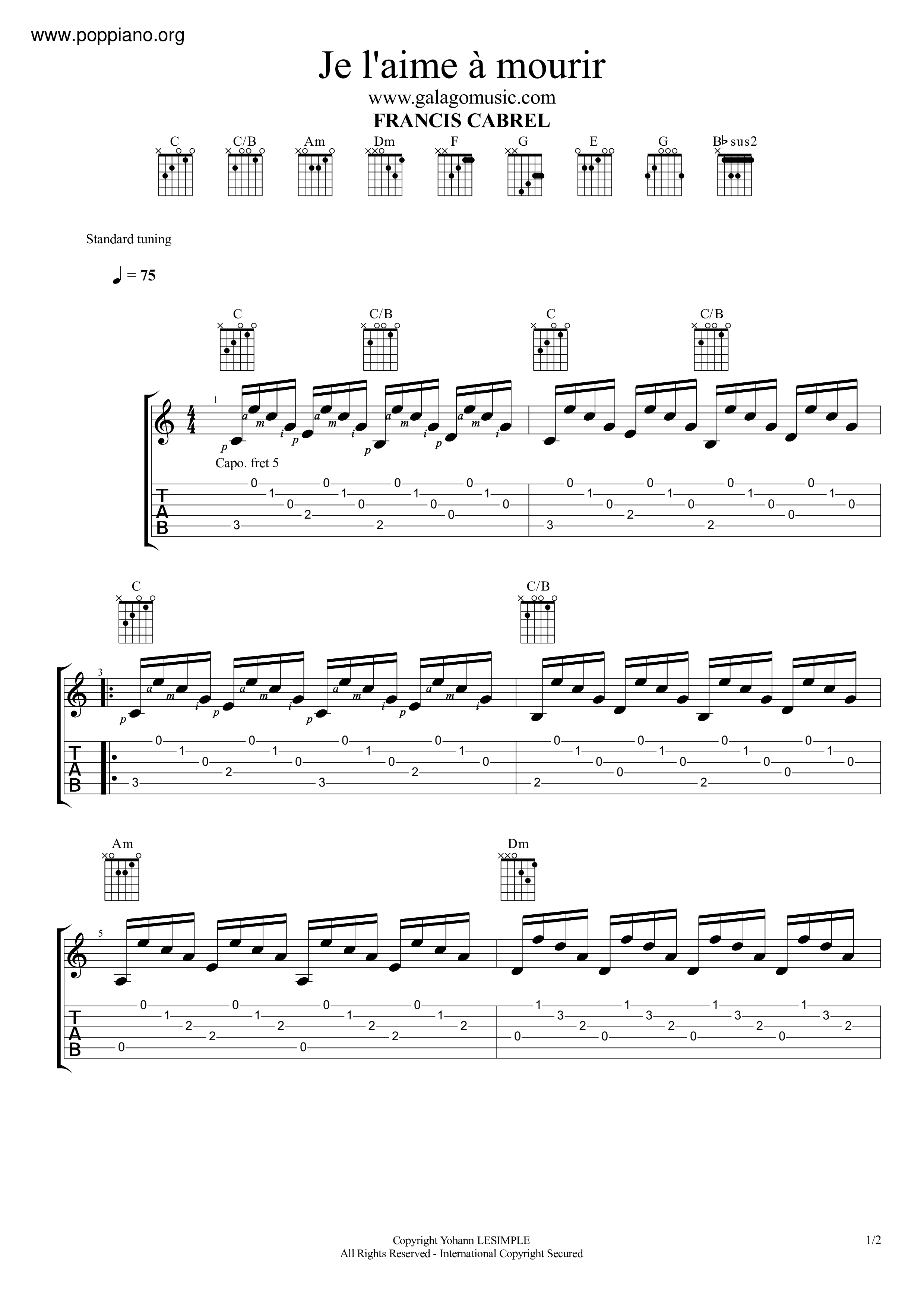 Tablature Cabrel Je L'aime A Mourir at Jo Perez blog