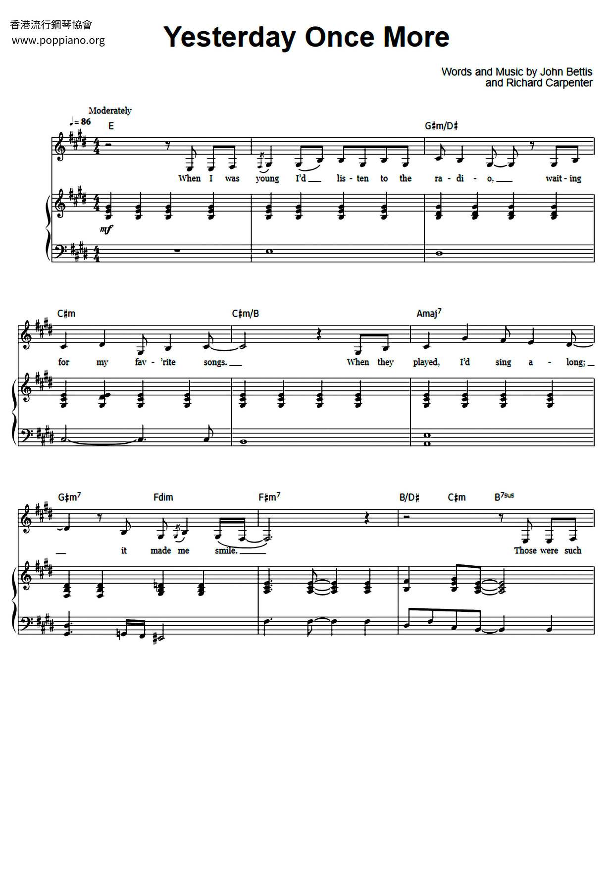 Carpenters-Yesterday Once More Sheet Music pdf, (カーペンターズ) - Free Score ...