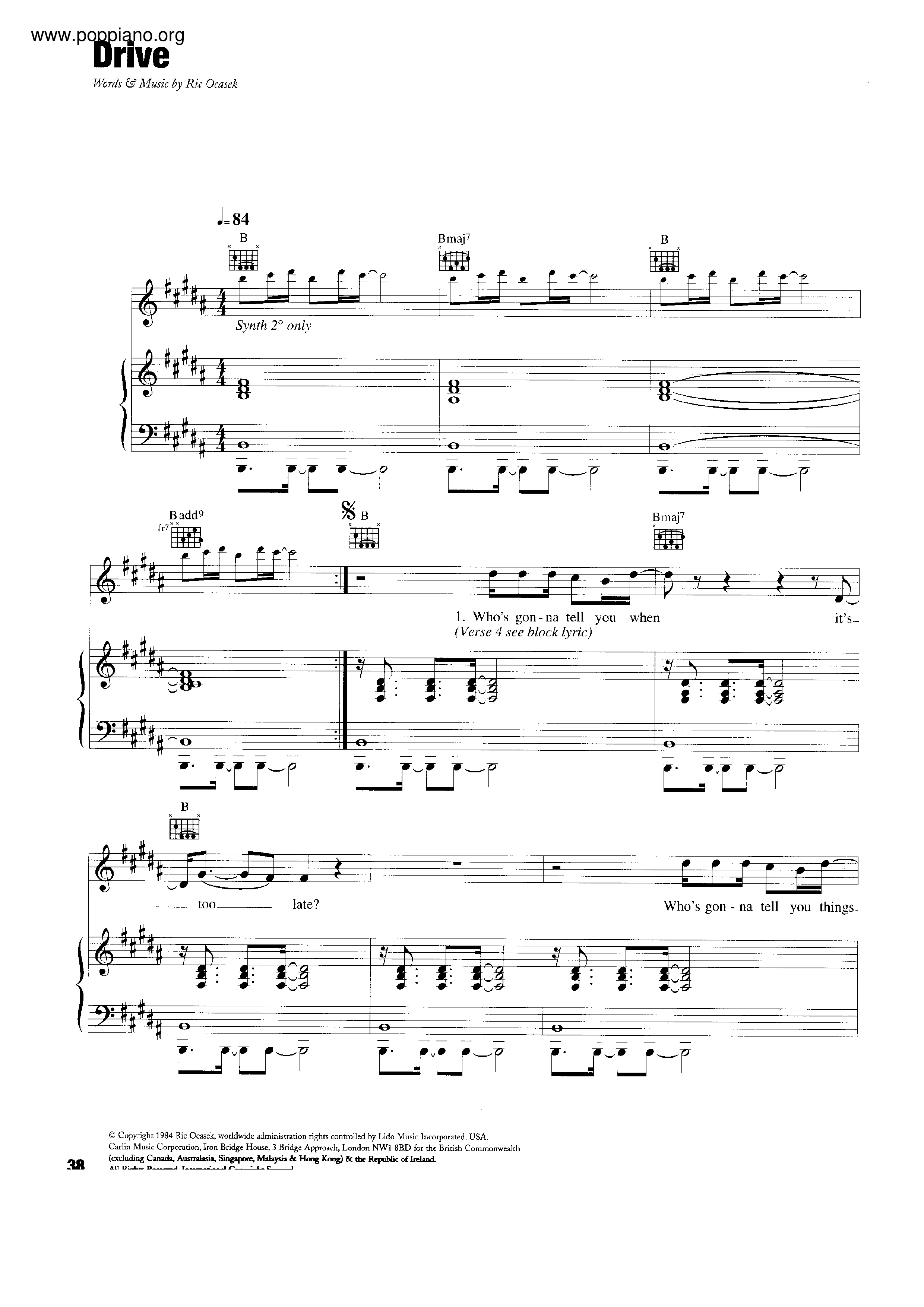 The Cars-Drive Sheet Music pdf, - Free Score Download ★