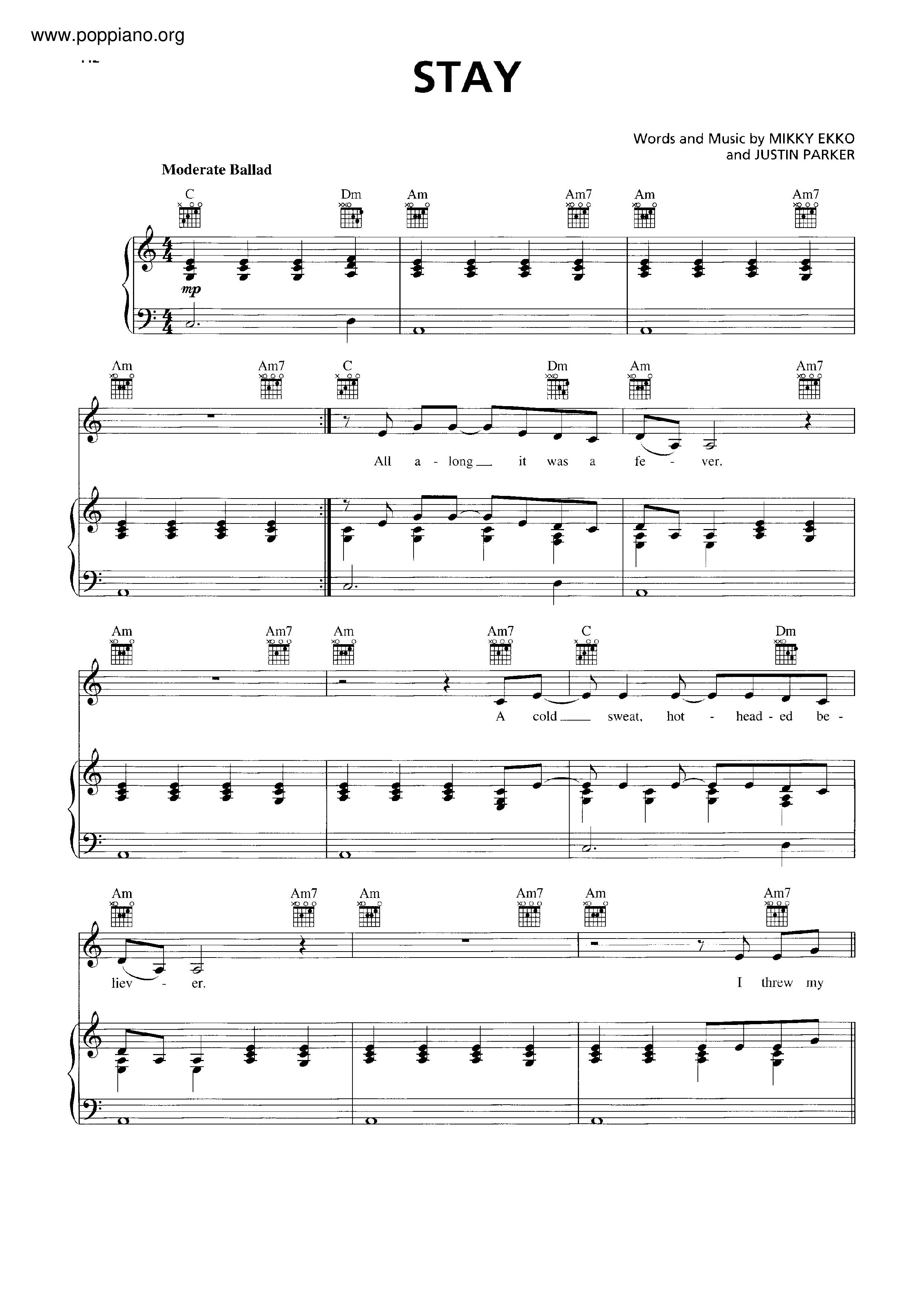 Stay | Sheet Music | Piano Score Free PDF Download | HK Pop Piano Academy