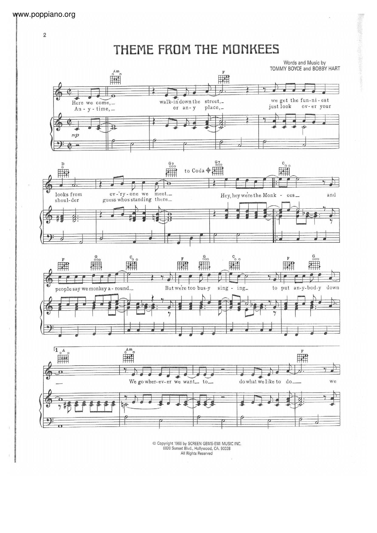 The Monkees-Theme From The Monkees 琴譜/五線譜pdf-香港流行鋼琴協會琴譜下載 ★