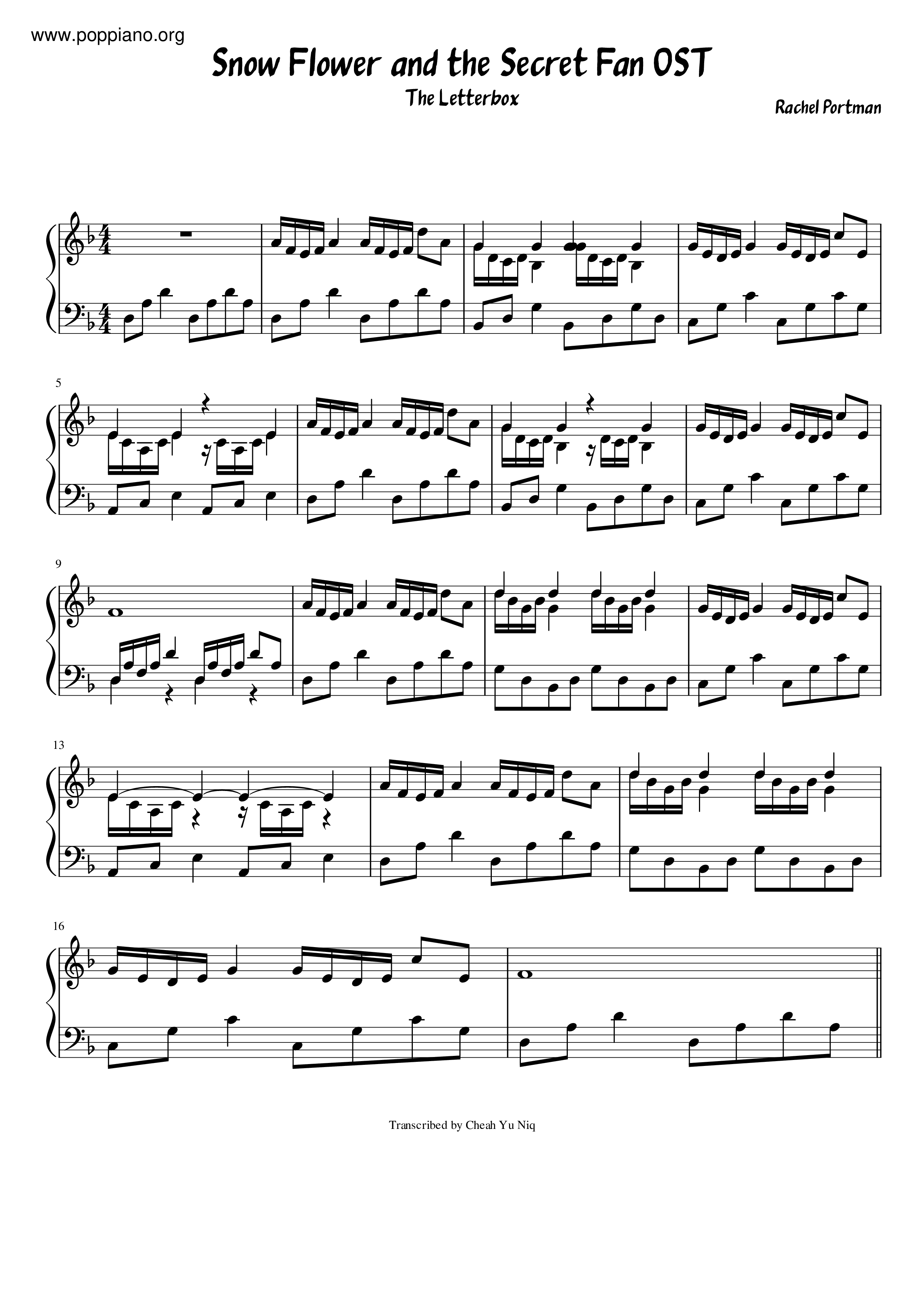 Rachel Portman-Snow Flower And The Secret Fan - The Letterbox Sheet ...