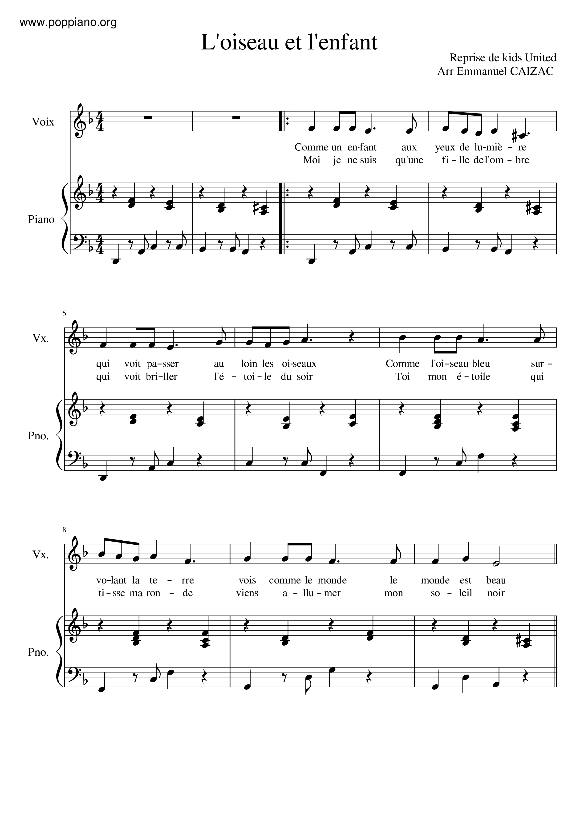 Kids United-L'oiseau Et L'enfant Sheet Music pdf, - Free Score Download ★