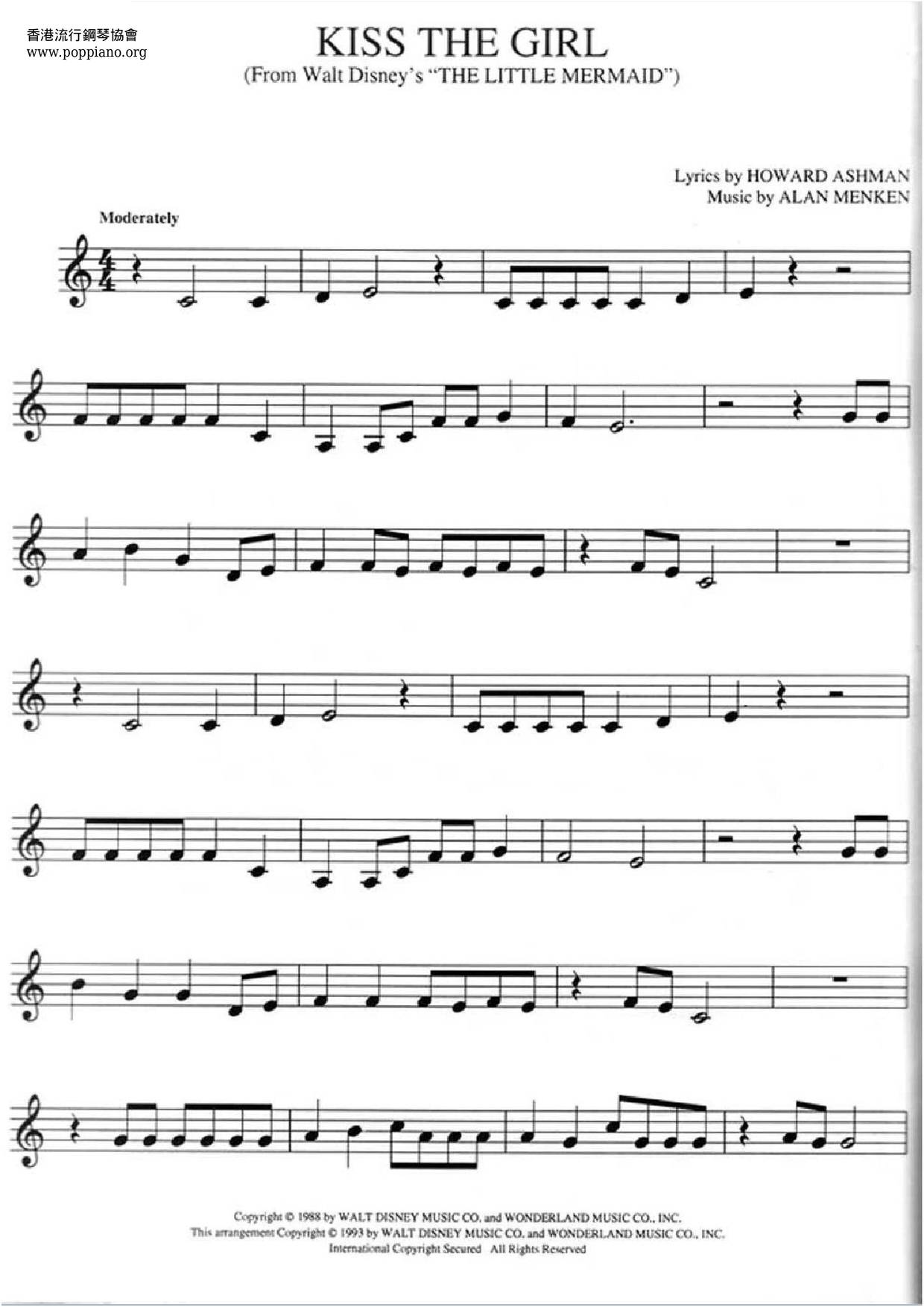 Alan Menken-The Little Mermaid - Kiss The Girl 小提琴譜pdf-香港流行鋼琴協會琴譜下載 ★
