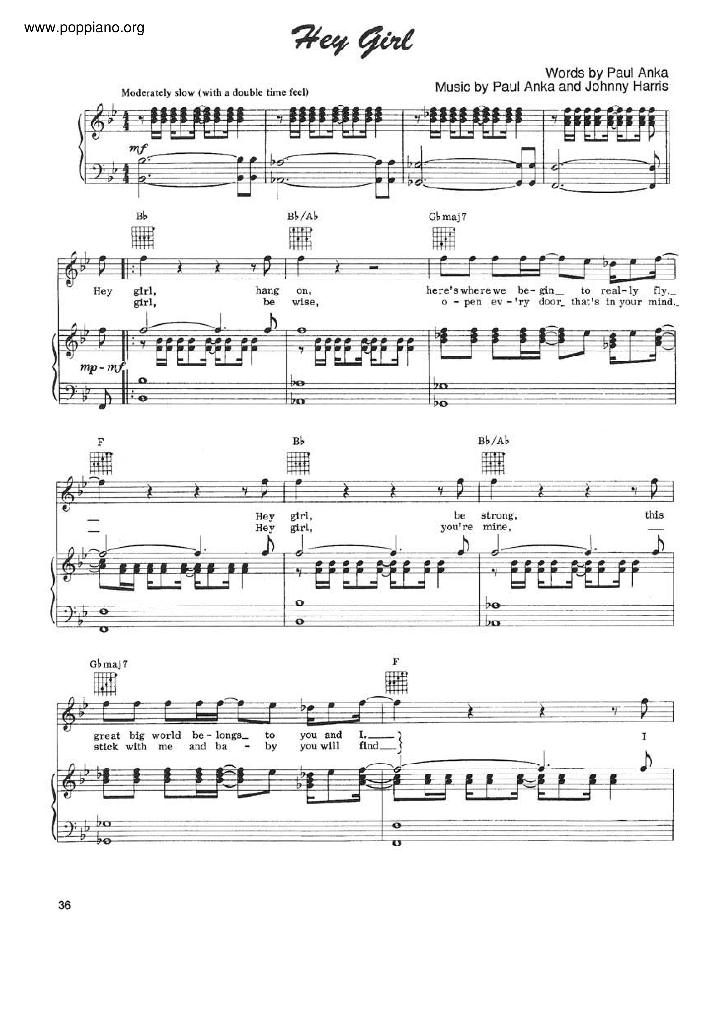 Paul Anka-Hey Girl 琴譜/五線譜pdf-香港流行鋼琴協會琴譜下載 ★