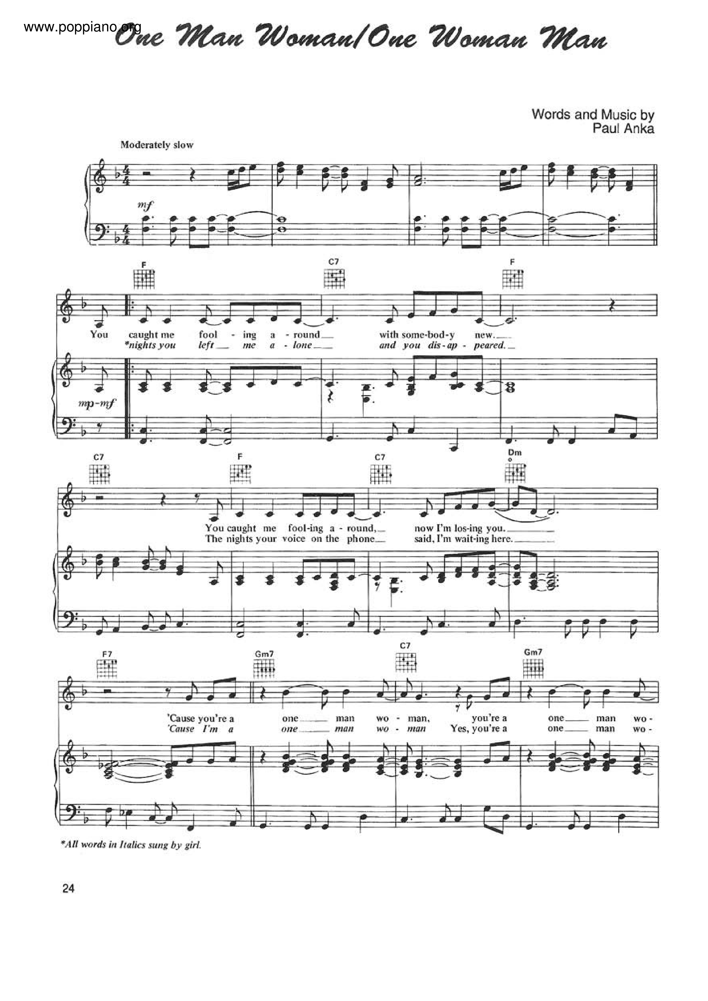 Paul Anka-One Man Woman / One Woman Man Sheet Music pdf, - Free Score ...