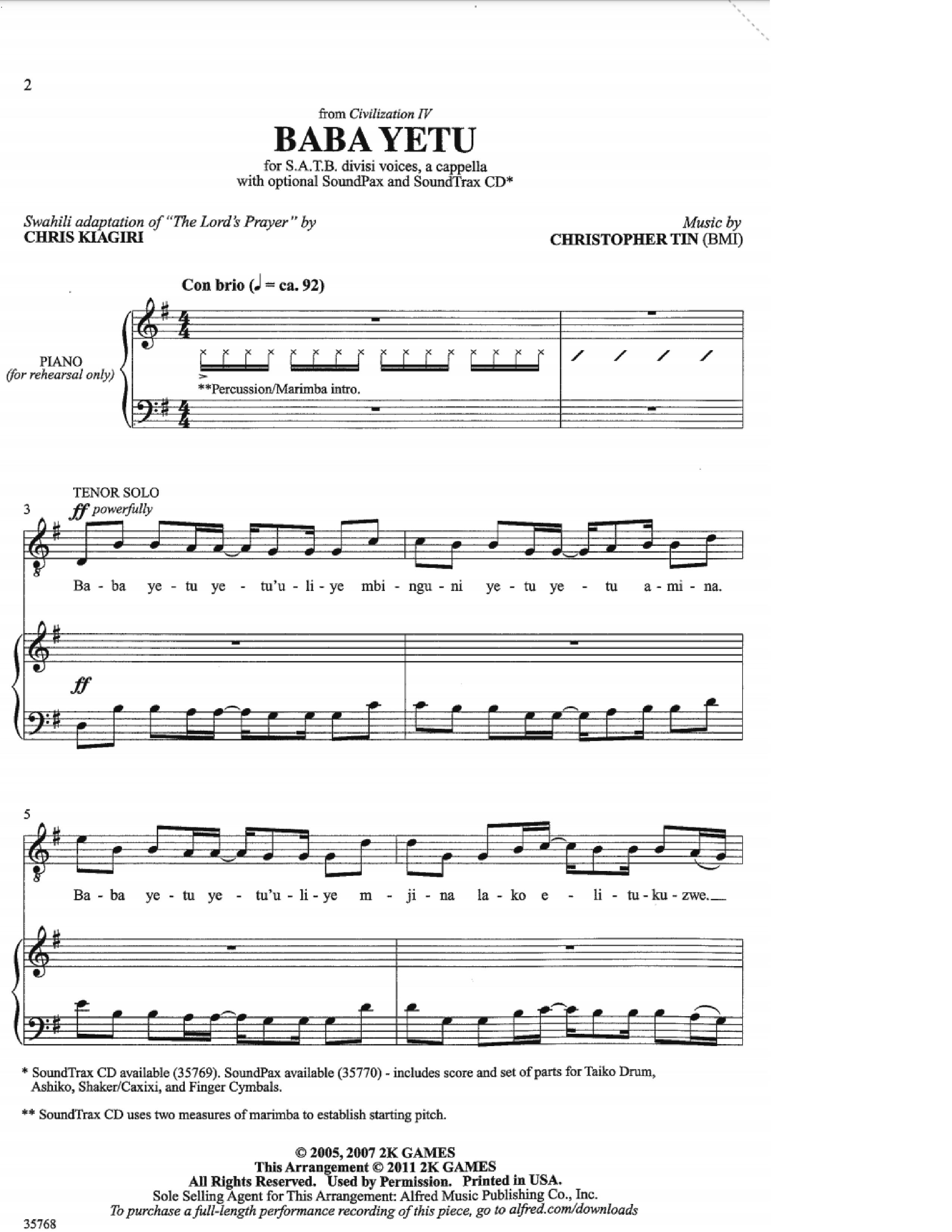 ★ 诗歌-Baba Yetu 琴谱/五线谱pdf-香港流行钢琴协会琴谱下载 ★