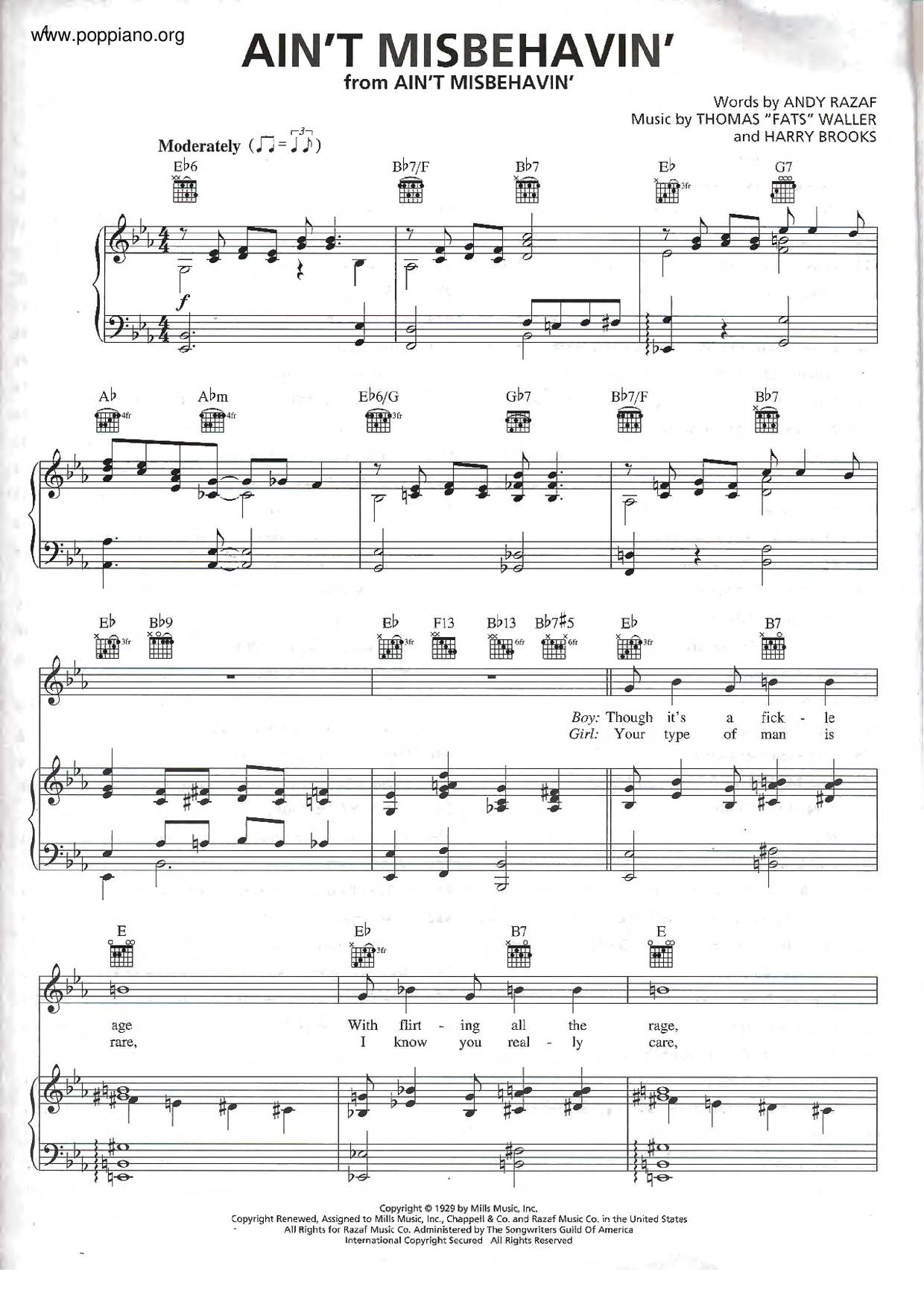 Fats Waller-Ain't Misbehavin' 琴谱/五线谱pdf-香港流行钢琴协会琴谱下载 ★