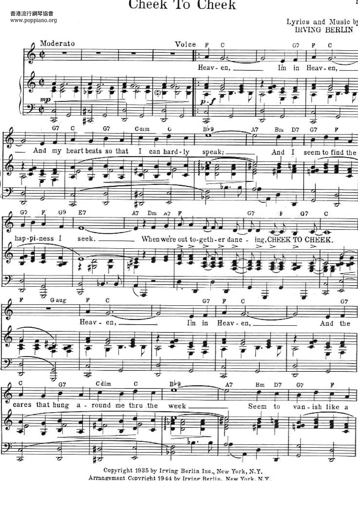 Irving Berlin-Cheek To Cheek 琴譜/五線譜pdf-香港流行鋼琴協會琴譜下載 ★