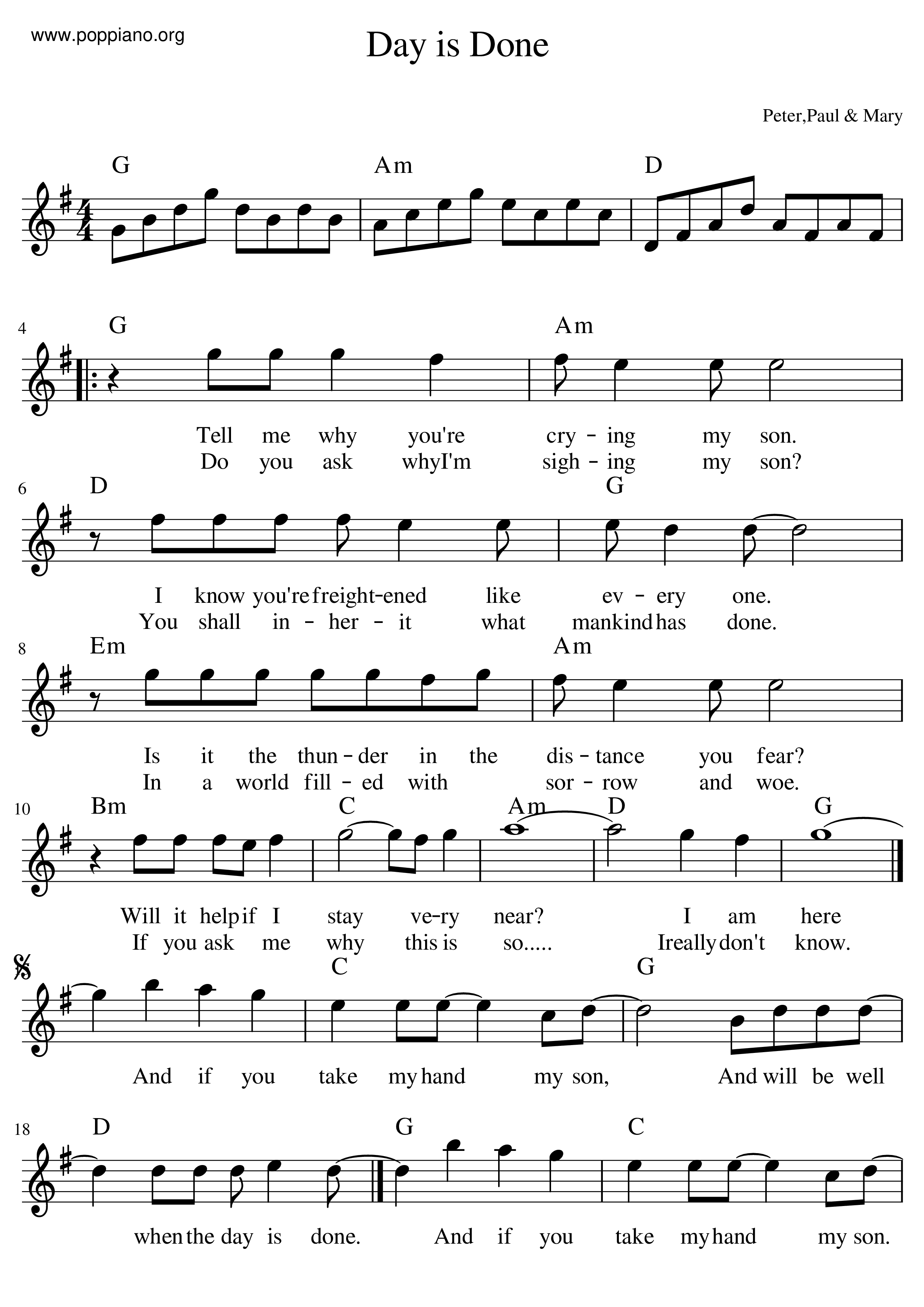 Peter, Paul And Mary-Day Is Done Sheet Music pdf, - Free Score Download ★