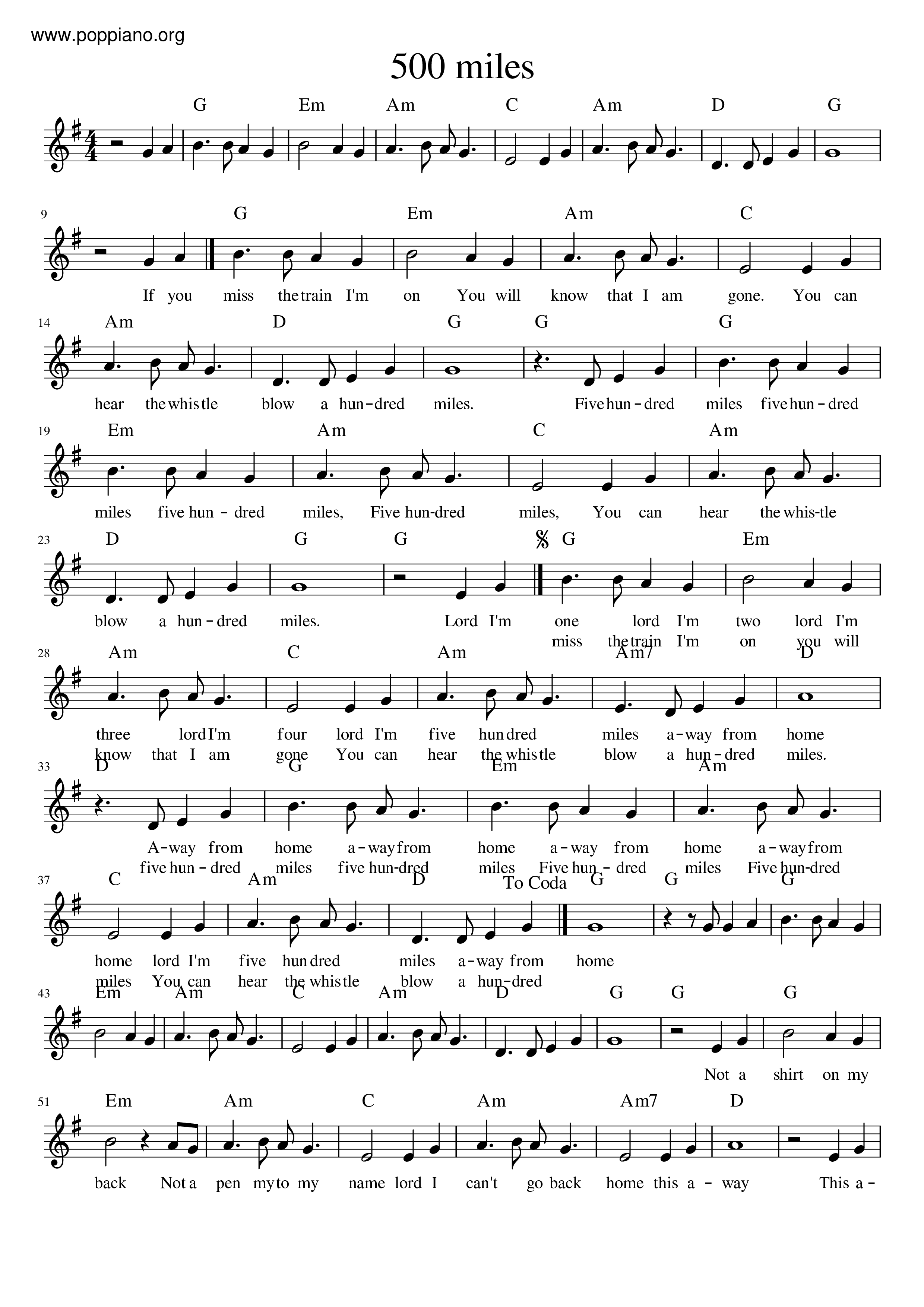 500 Miles - Sheet Music / Piano Score Free PDF Download - HK Pop Piano ...