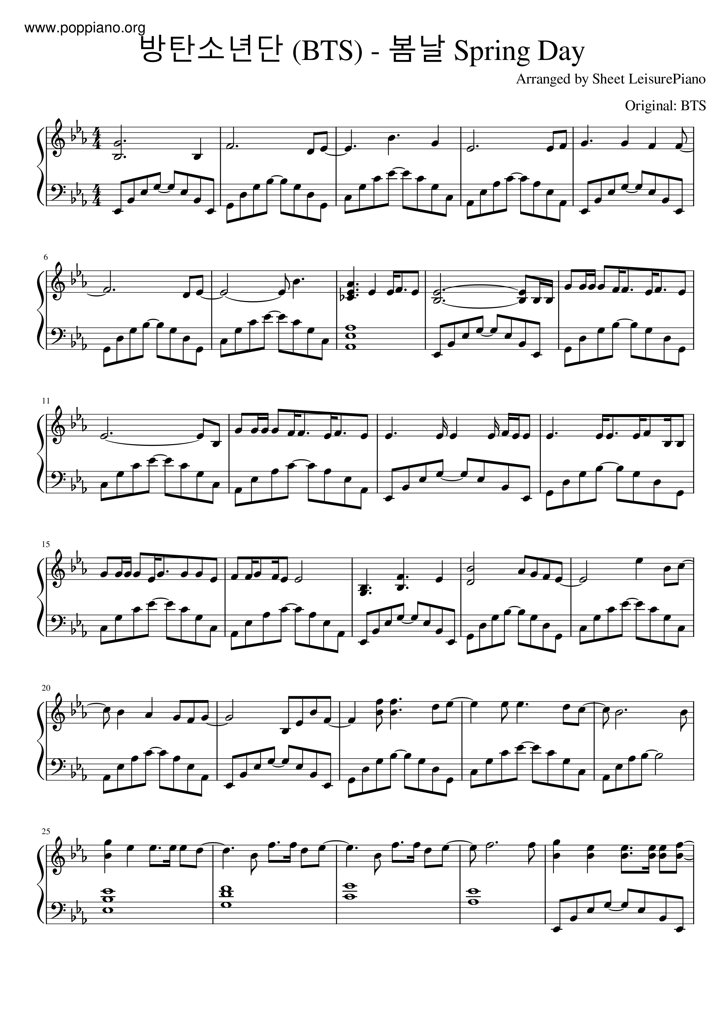 ★ビーティーエス - Spring Day ピアノ譜pdf 악보- 香港ポップピアノ協会 無料PDF楽譜ダウンロード gakufu