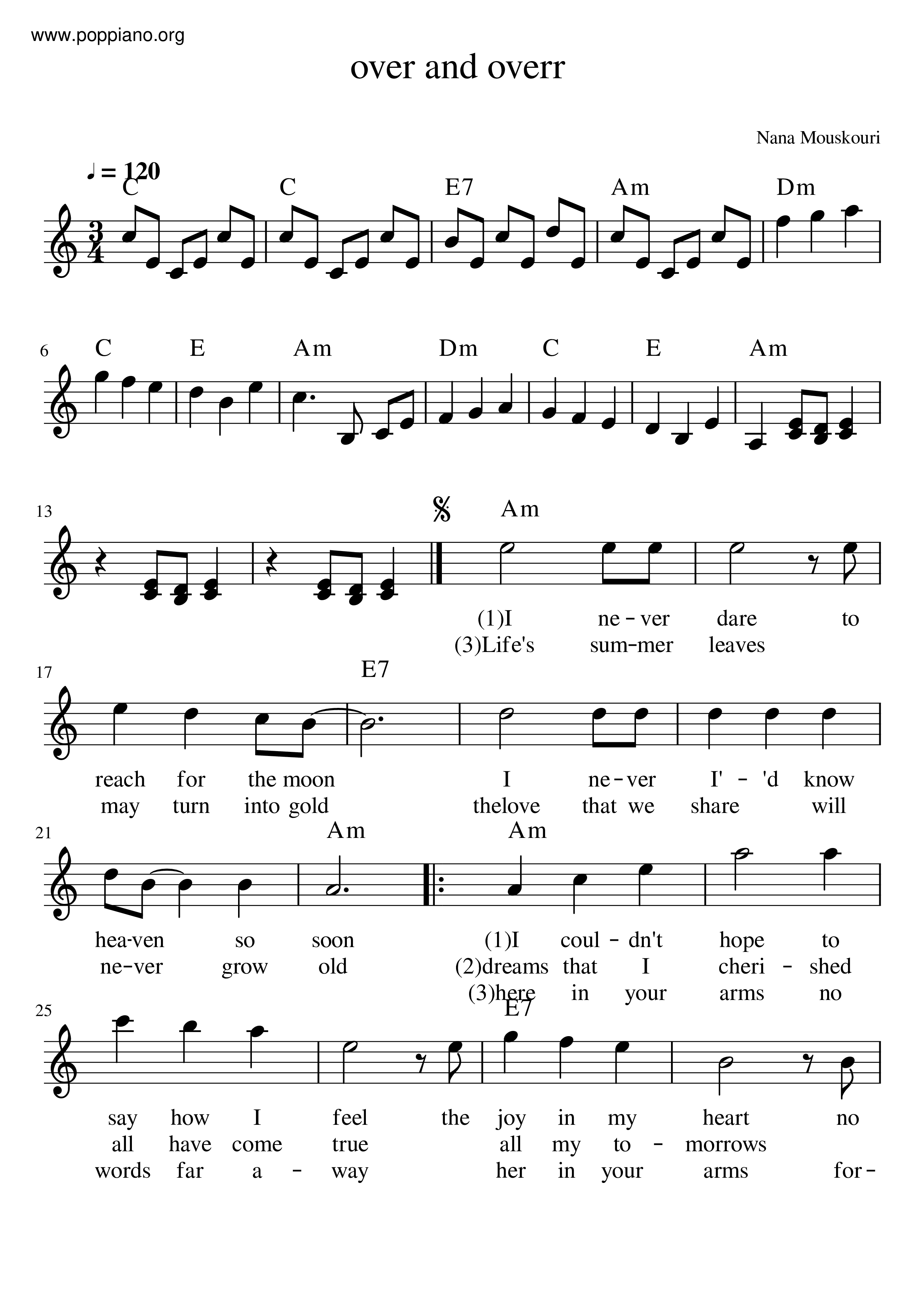 ★Nana Mouskouri - Over And Over ピアノ譜pdf- 香港ポップピアノ協会 無料PDF楽譜ダウンロード gakufu