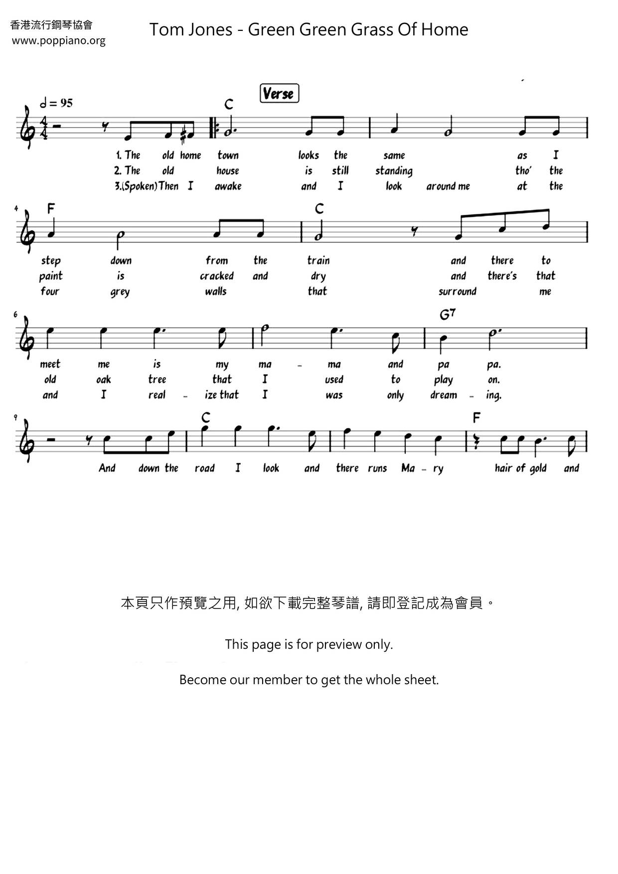 Tom Jones-Green Green Grass Of Home Sheet Music pdf, - Free Score ...