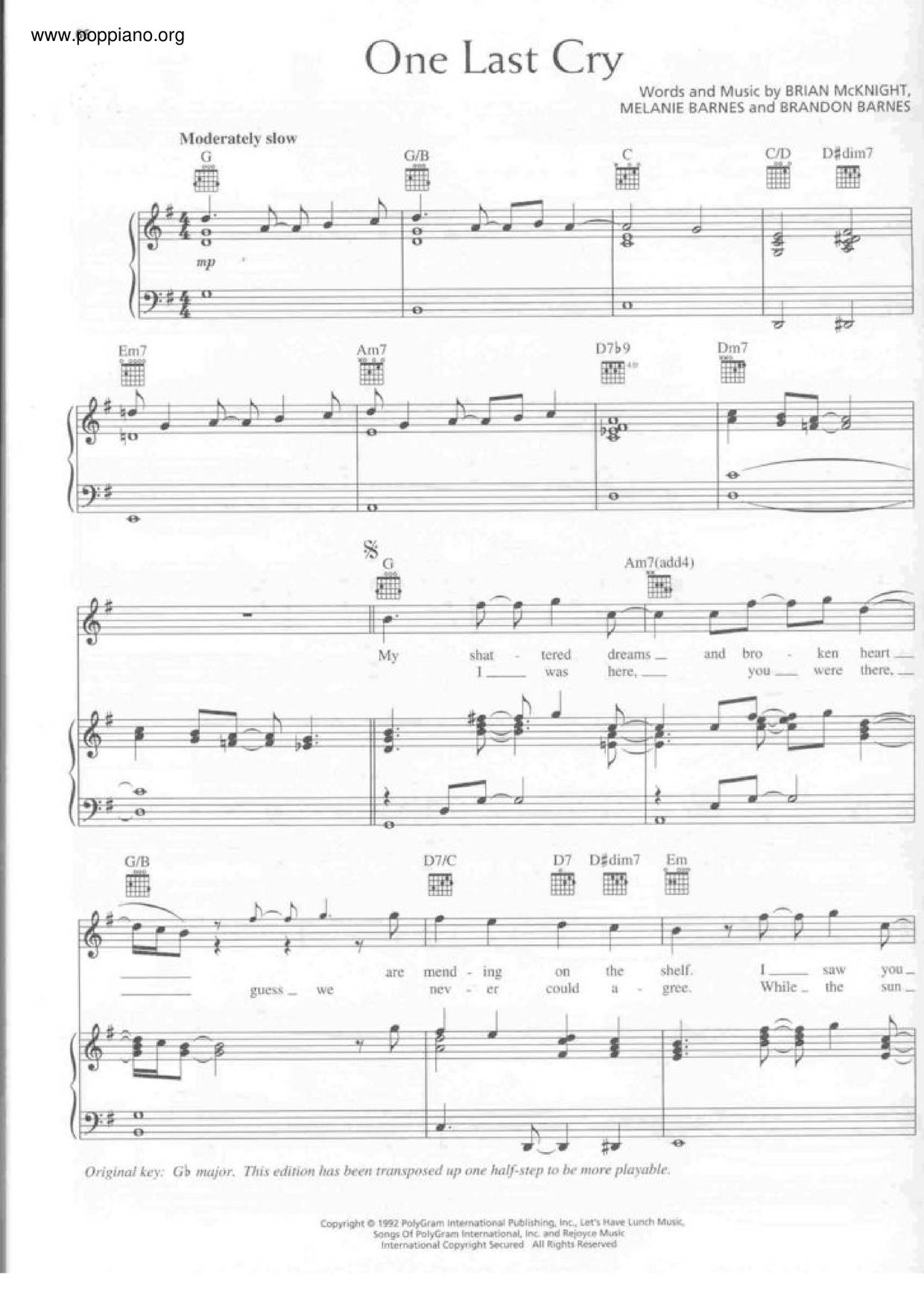 Brian Mcknight-One Last Cry 琴譜pdf-香港流行鋼琴協會琴譜下載 ★