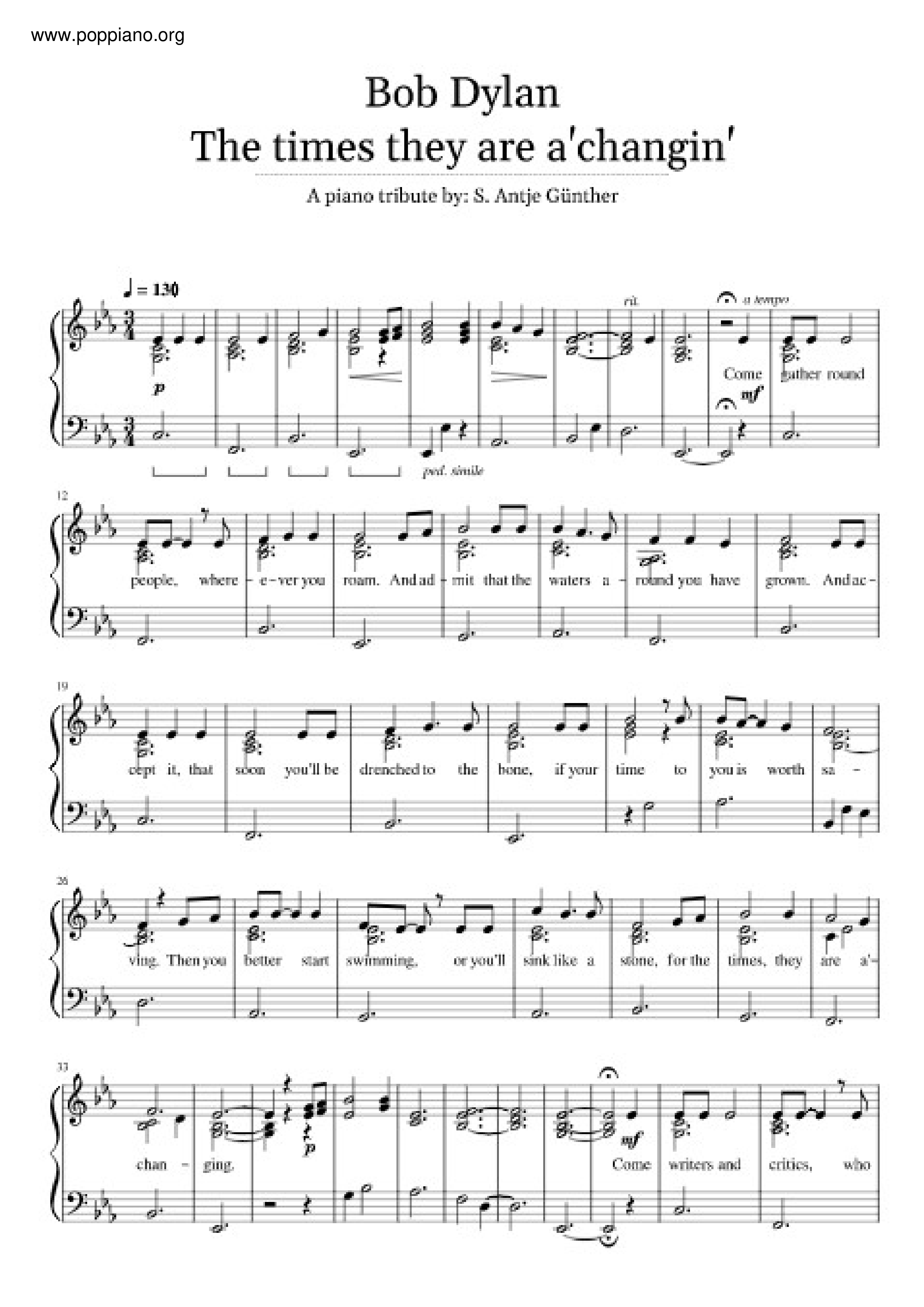 Bob Dylan-The Times They Are a-Changin' Sheet Music pdf, - Free Score ...